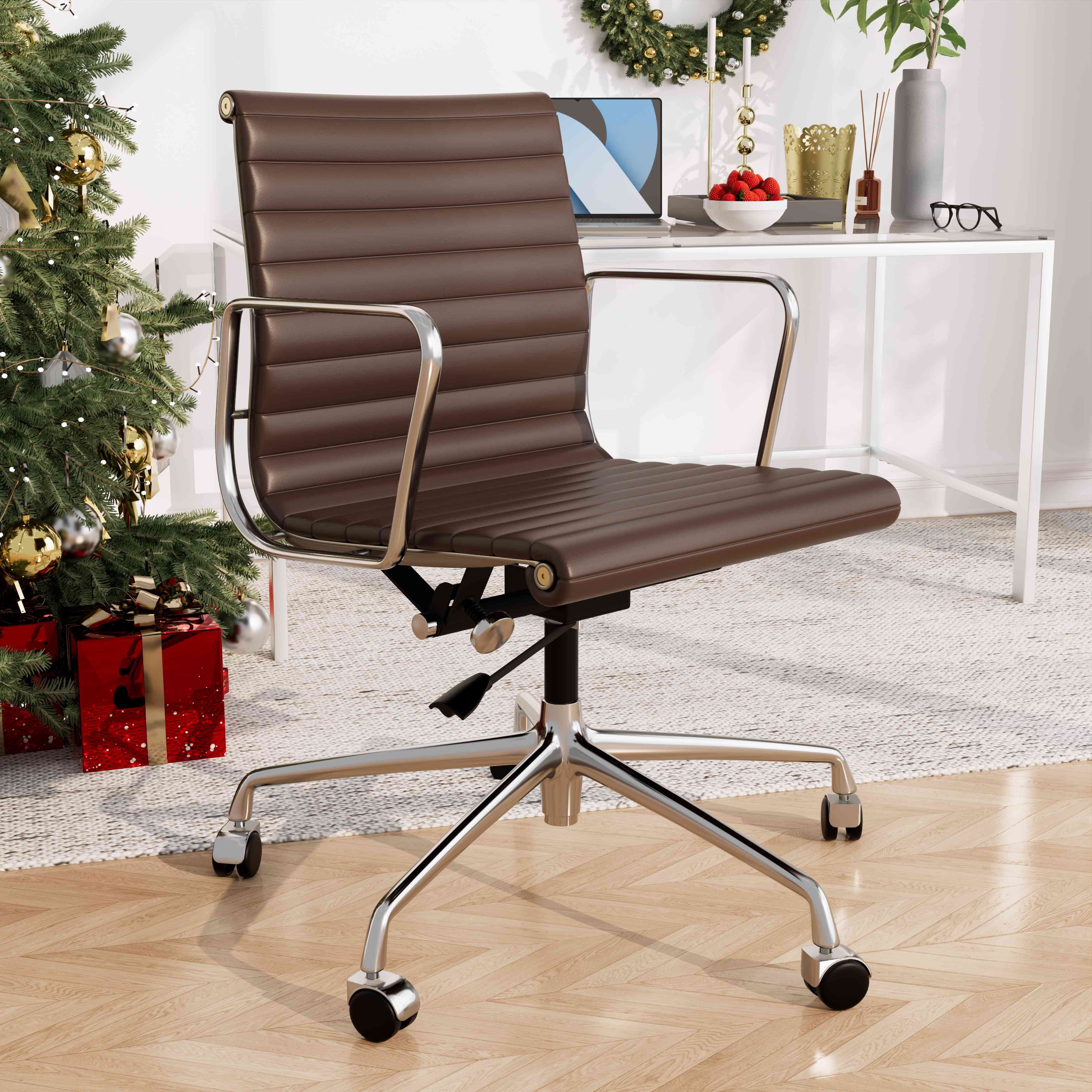 Cottinch Mid Back Ergonomic Office Chair Ribbed Genuine Leather ...