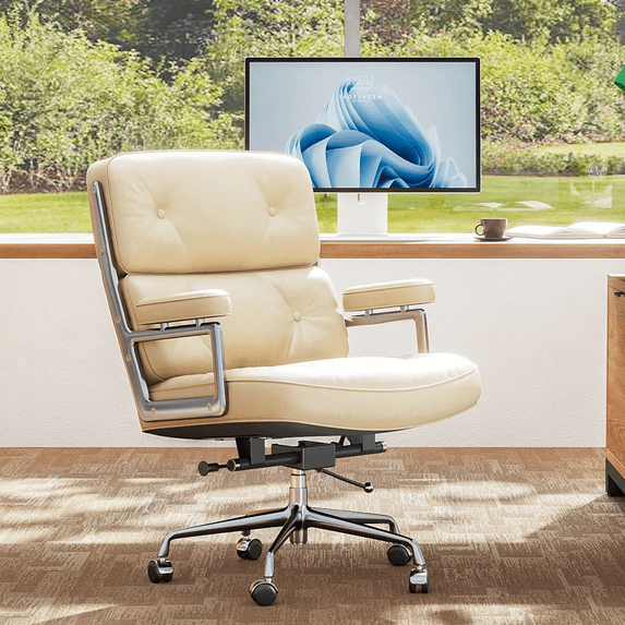 Cottinch Mid Back Genuine Leather Office Chair, Executive Desk Chairs ...