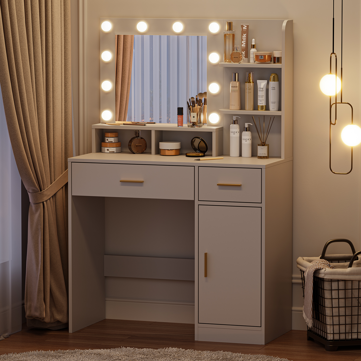 Black Vanity Desk with Sliding Mirror & Lights, Vanity Table Makeup ...