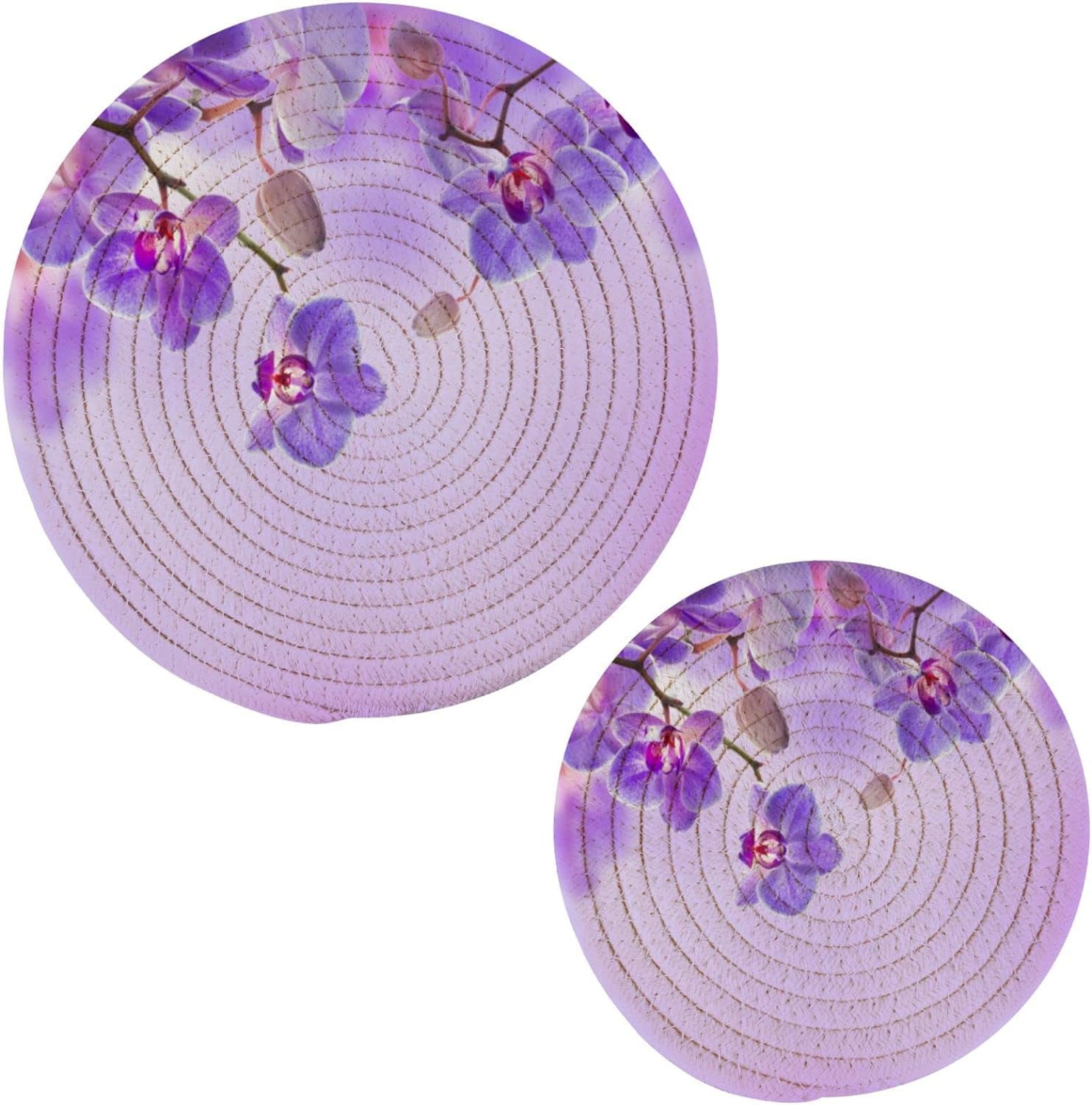 Cotton 2 PCS Beautiful Orchid Purple Flowers Woven Pot Holders Trivets ...