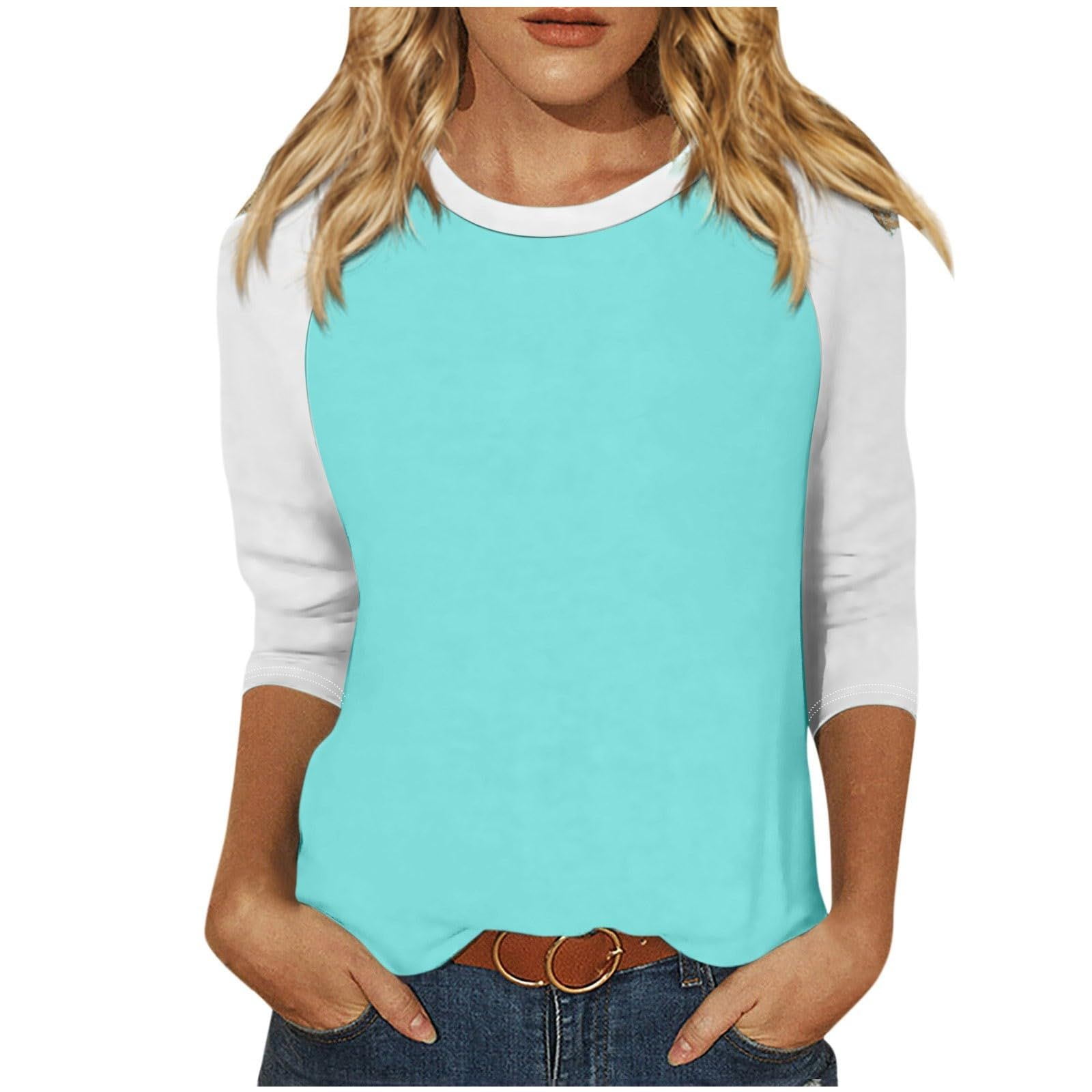 Cotton 3/4 Sleeve Tops for Women Raglan Contrast Crewneck Casual Shirts ...