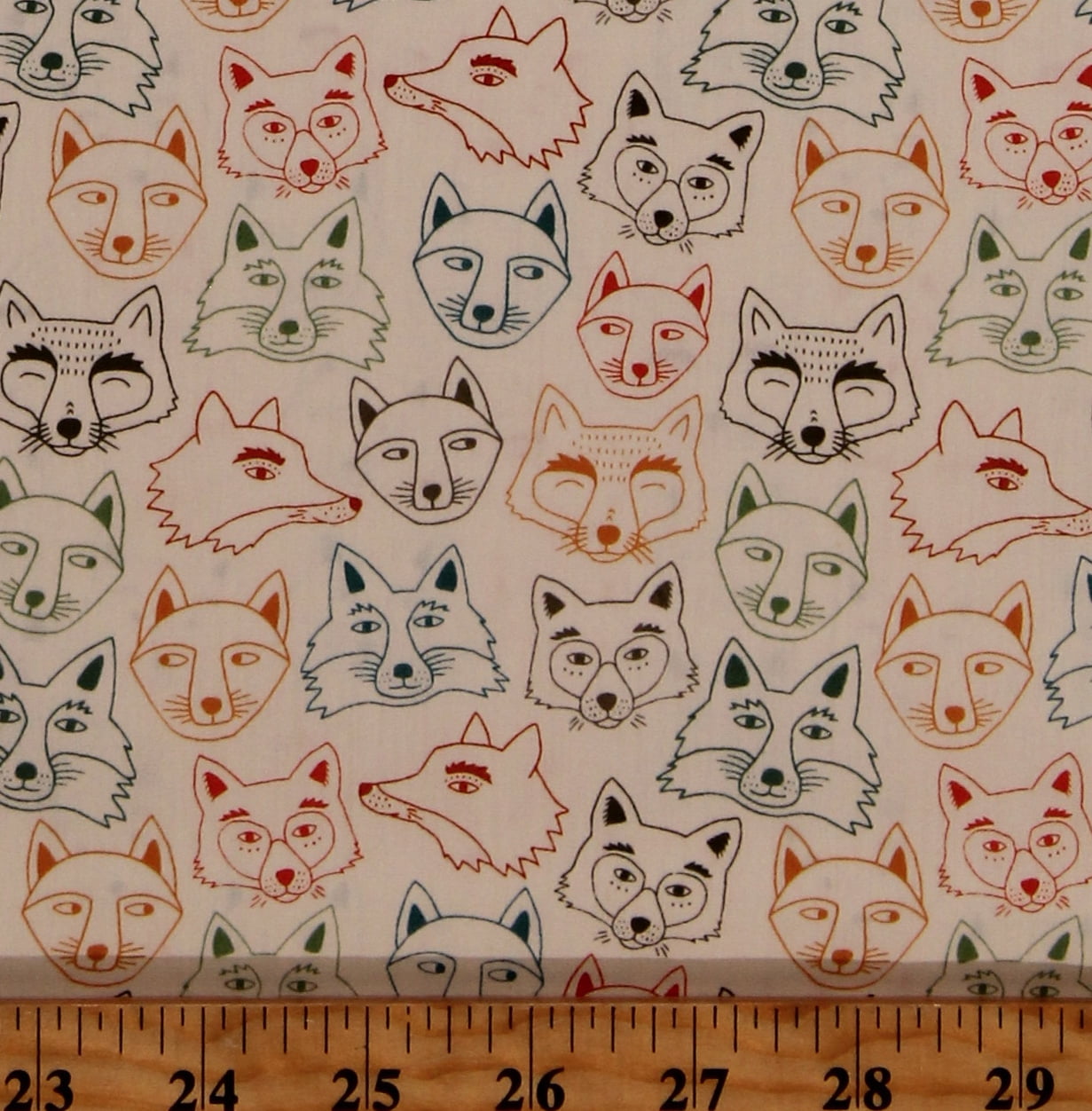 Cotton Animals Faces Foxes Wolves Coyote Woodland Wildlife Cream Cotton ...
