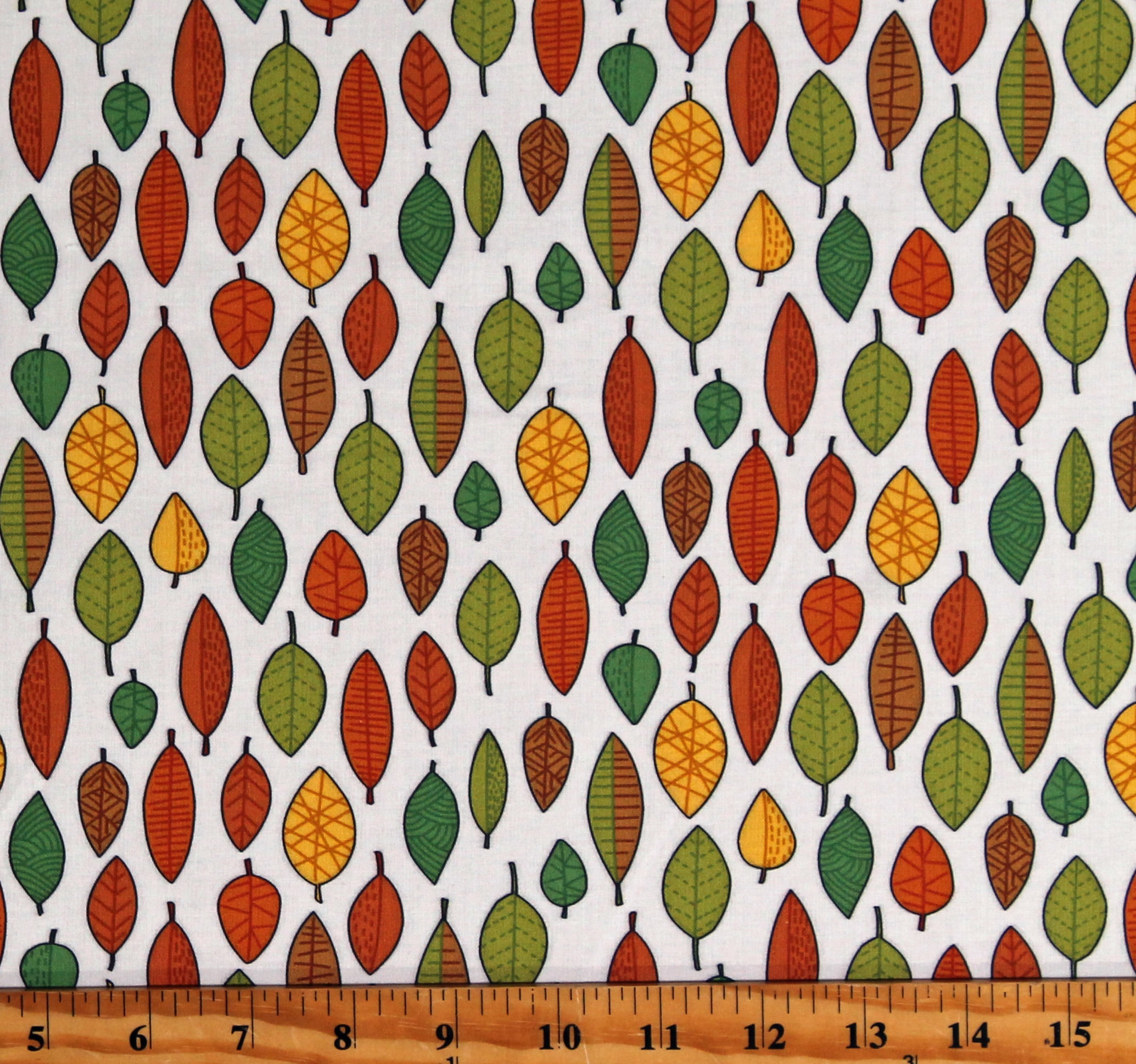 Cotton Autumn Leaves Fall Colors Seasonal Give Thanks White Cotton Fabric Print by the Yard (A ...