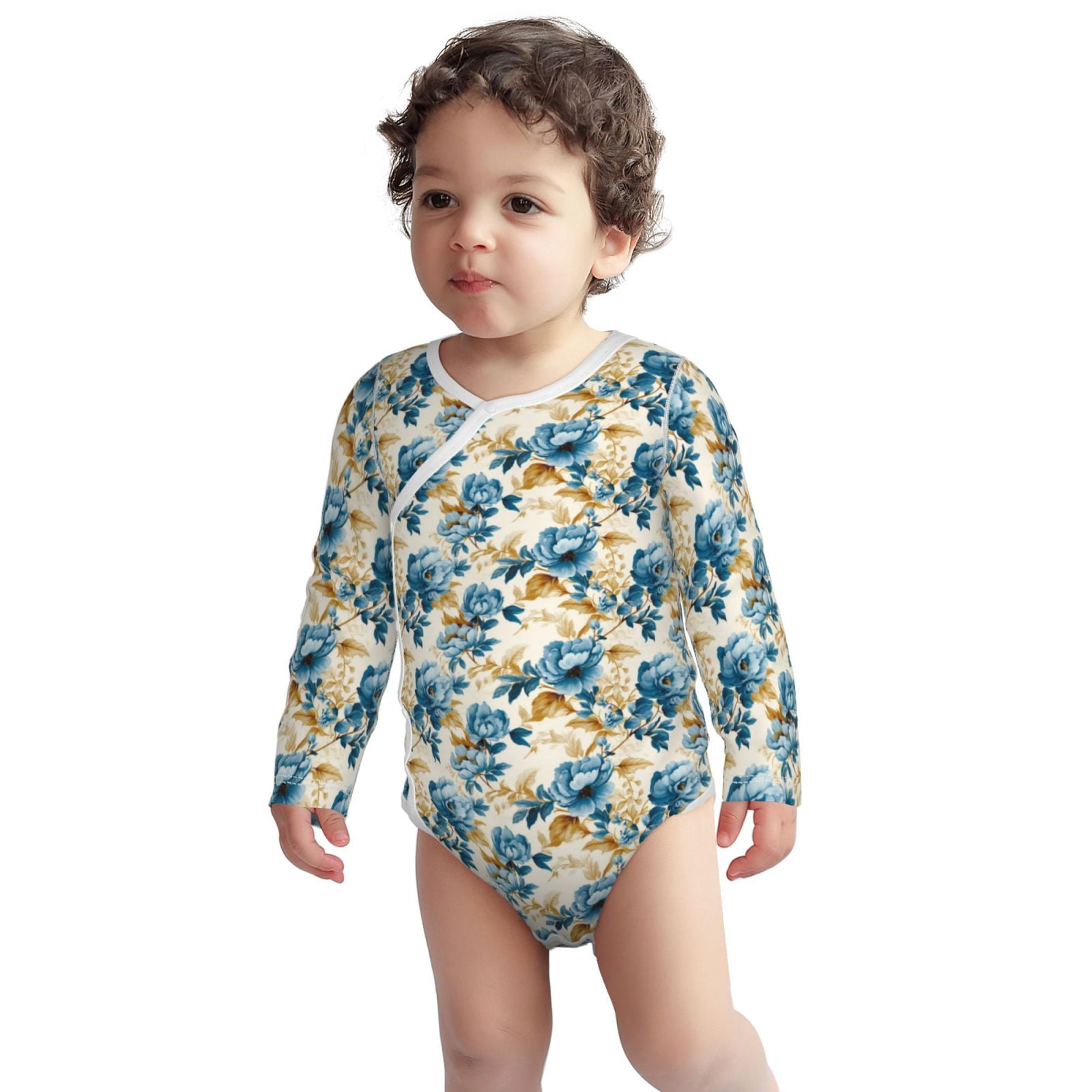 Cotton Baby Onsies, Vintage Blue Flowers Unisex Newborn Baby Long ...