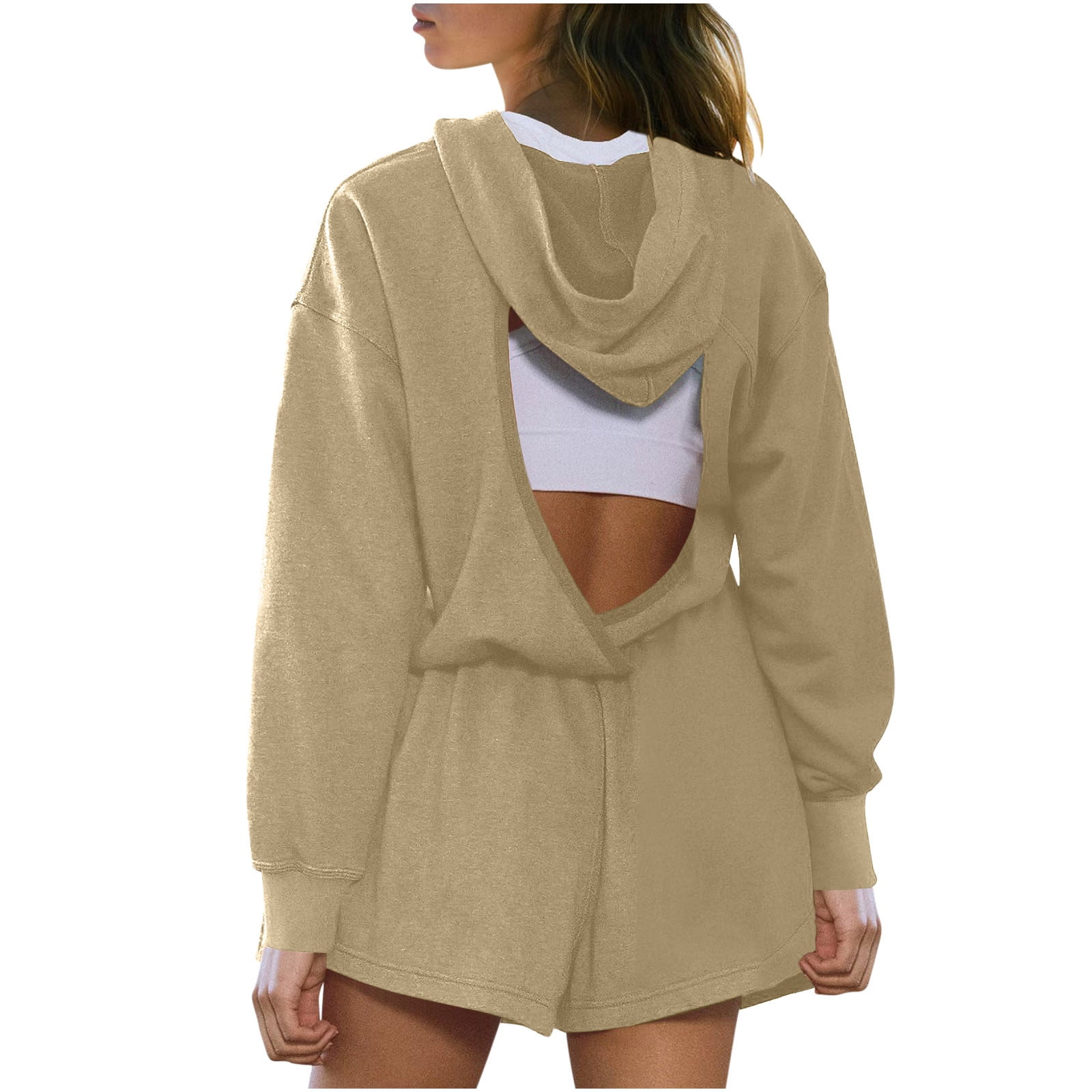 Cotton Backless Rompers for Women Long Sleeve with Hood Short Jumpsuits ...