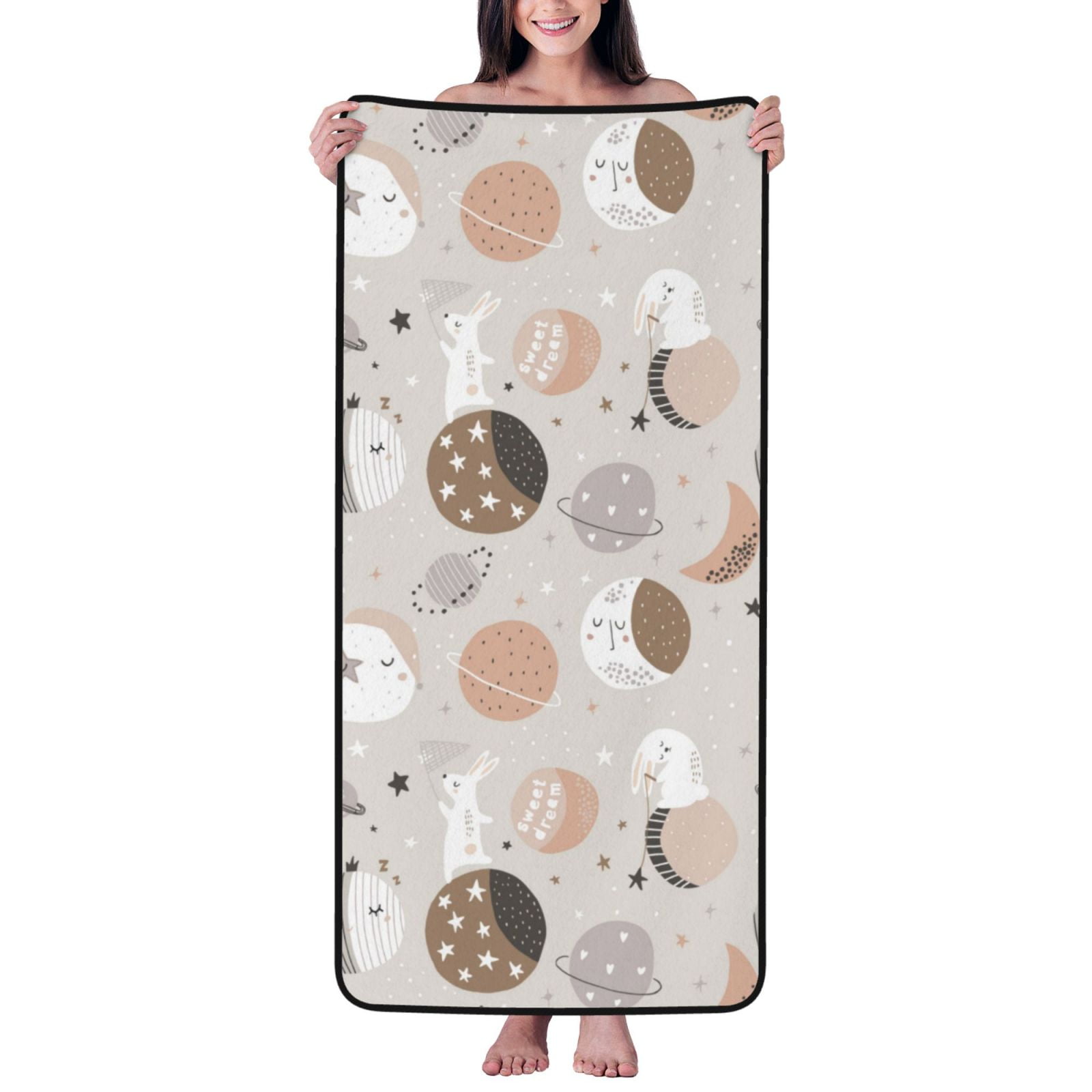 Cotton Bath Towels for Bathroom - Bohemian Cute Rabbit Planet Moon ...