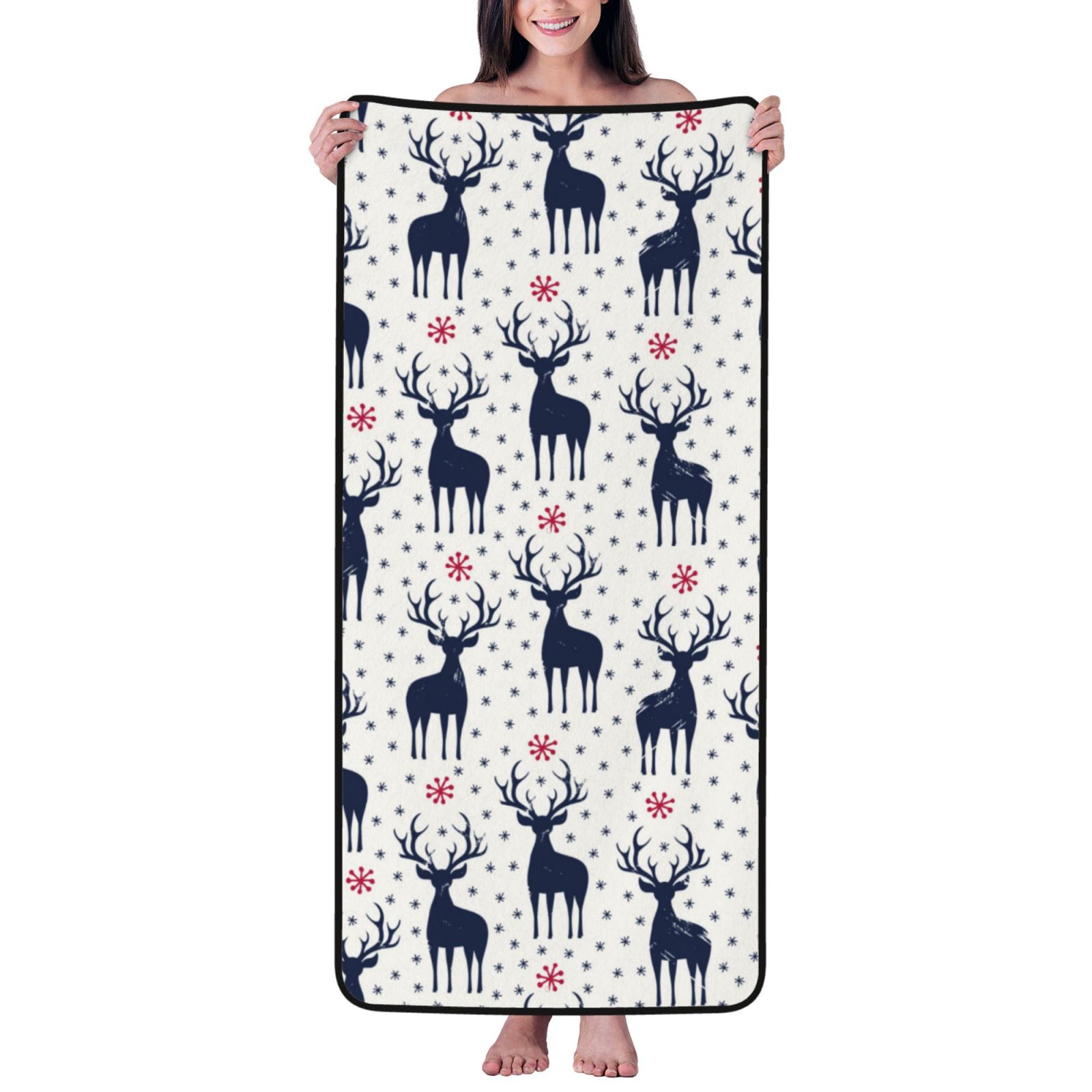 Cotton Bath Towels for Bathroom - Clean Navy Blue Deer Snowflake ...