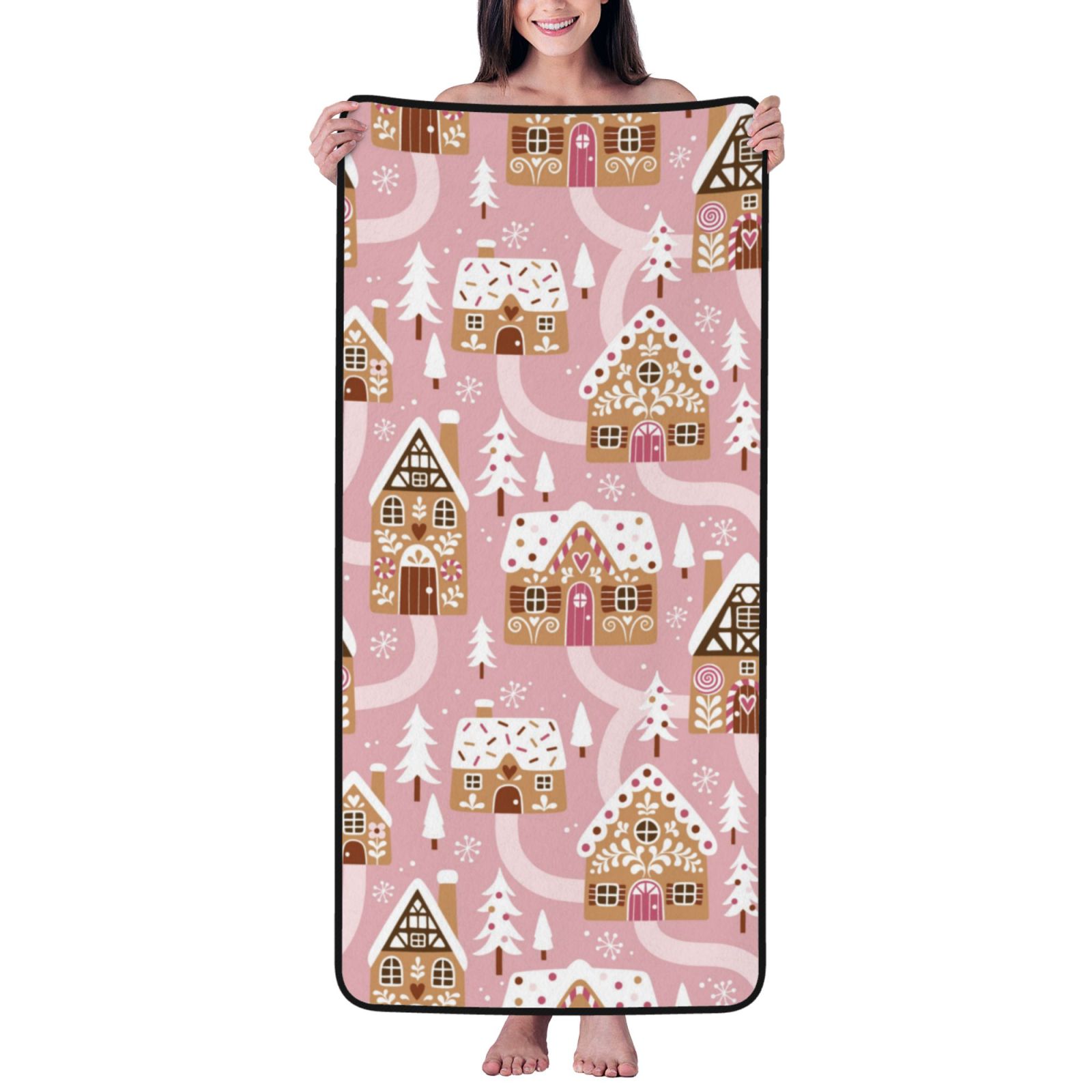 Cotton Bath Towels for Bathroom - Gingerbread Houses Pink Wonderland ...