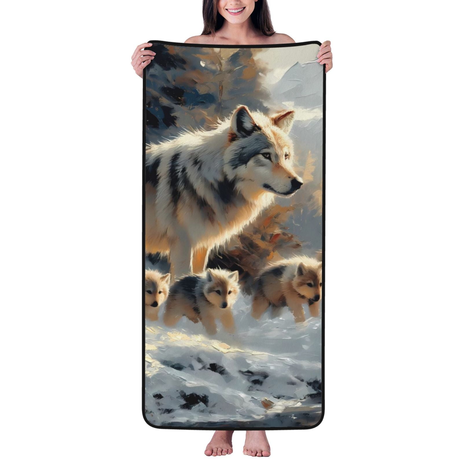 Cotton Bath Towels for Bathroom - Wolf Family Winter Wonderland ...