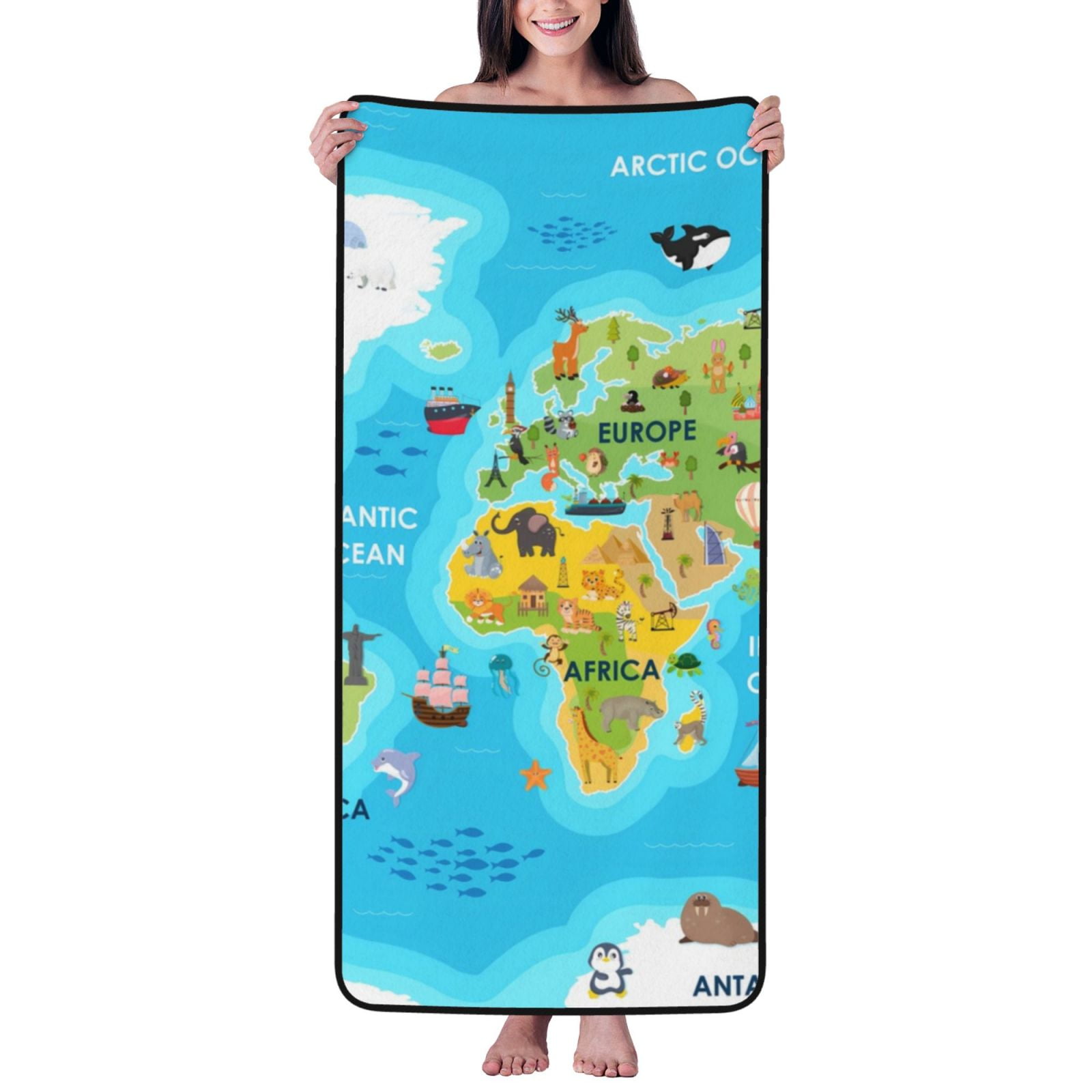 Cotton Bath Towels for Bathroom - World Map With Animals Landmarks ...