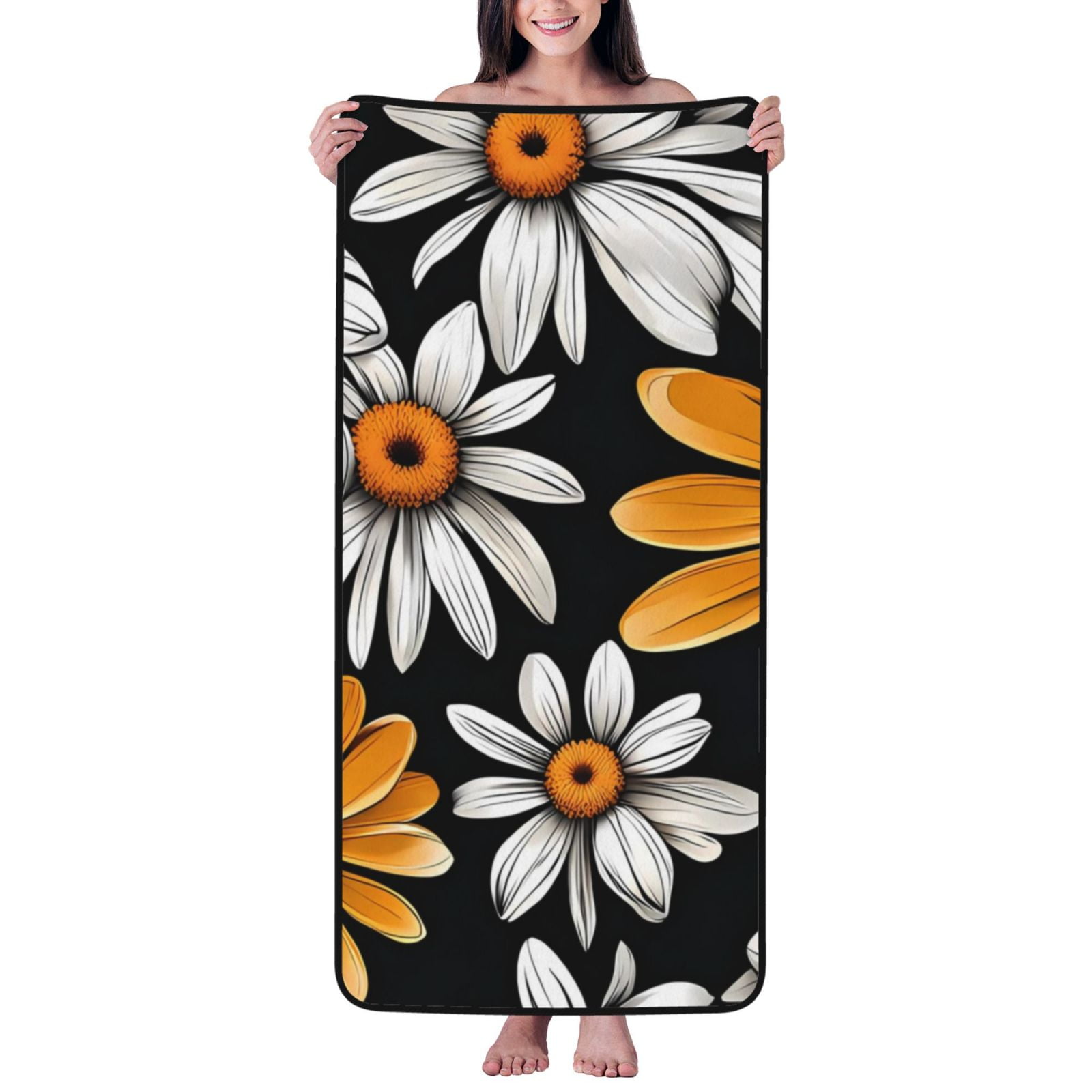 Cotton Bath Towels for Bathroom - Yellow White Daisy Pattern Microfiber ...