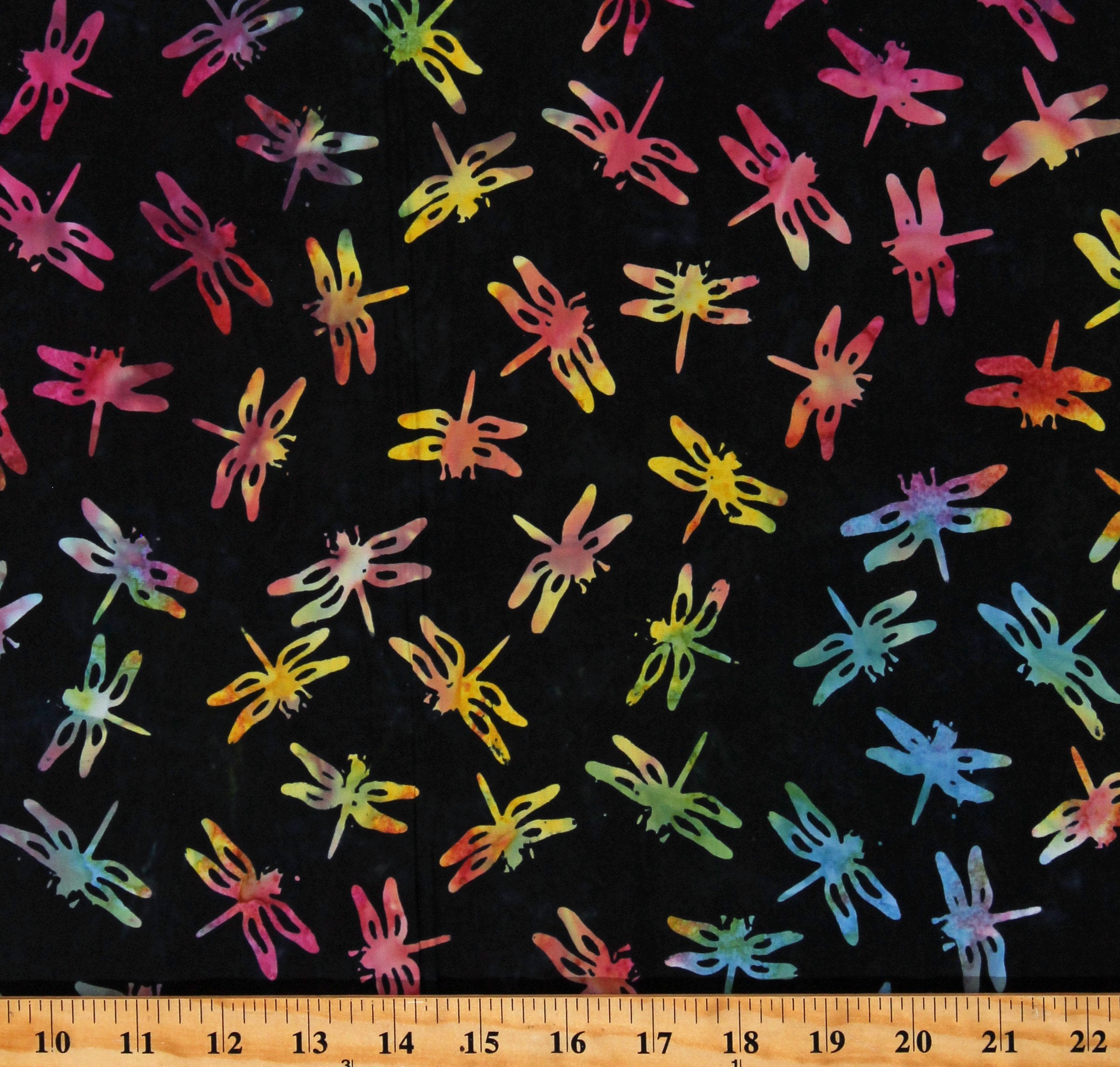 Cotton Batik Dragonfly Dragonflies Rainbow on Black Cotton Fabric Print ...