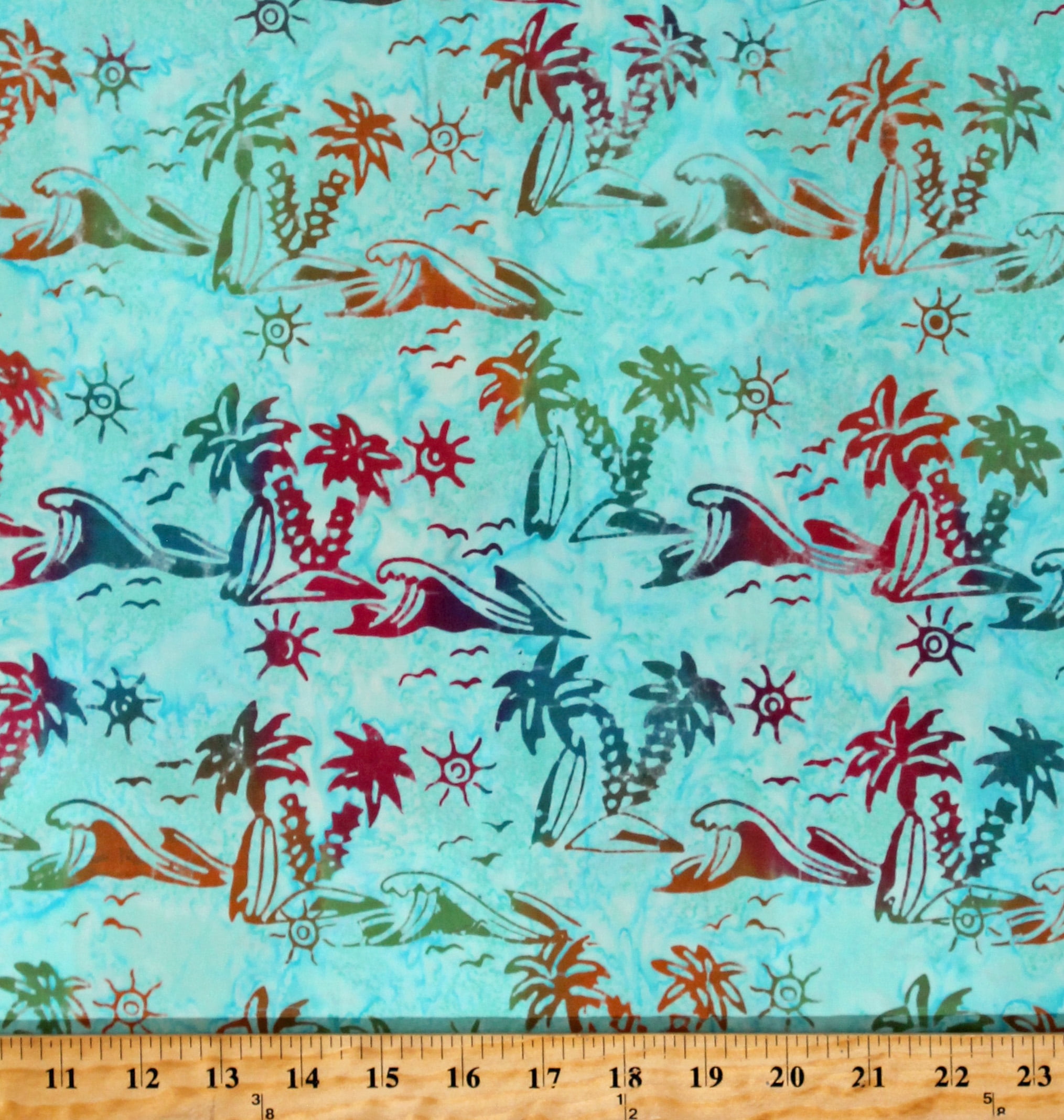 Cotton Batik Surfing TIme Beach Tropical Palm Trees Waves Ocean ...