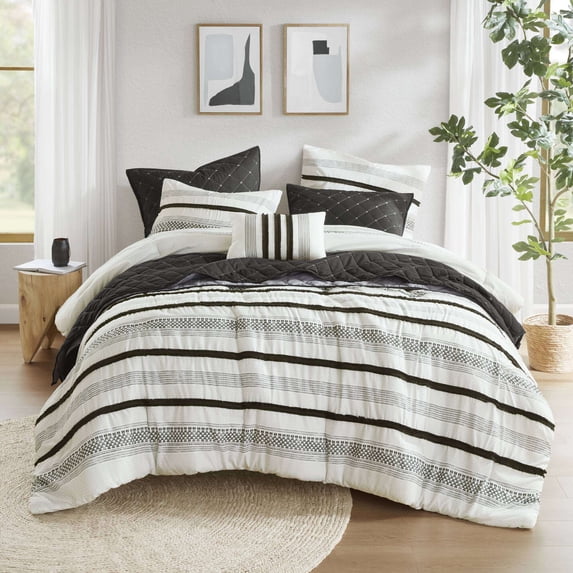 Cotton Bedding Set 7 Piece Stripe Comforter and Quilt Set-King/Cal King ...