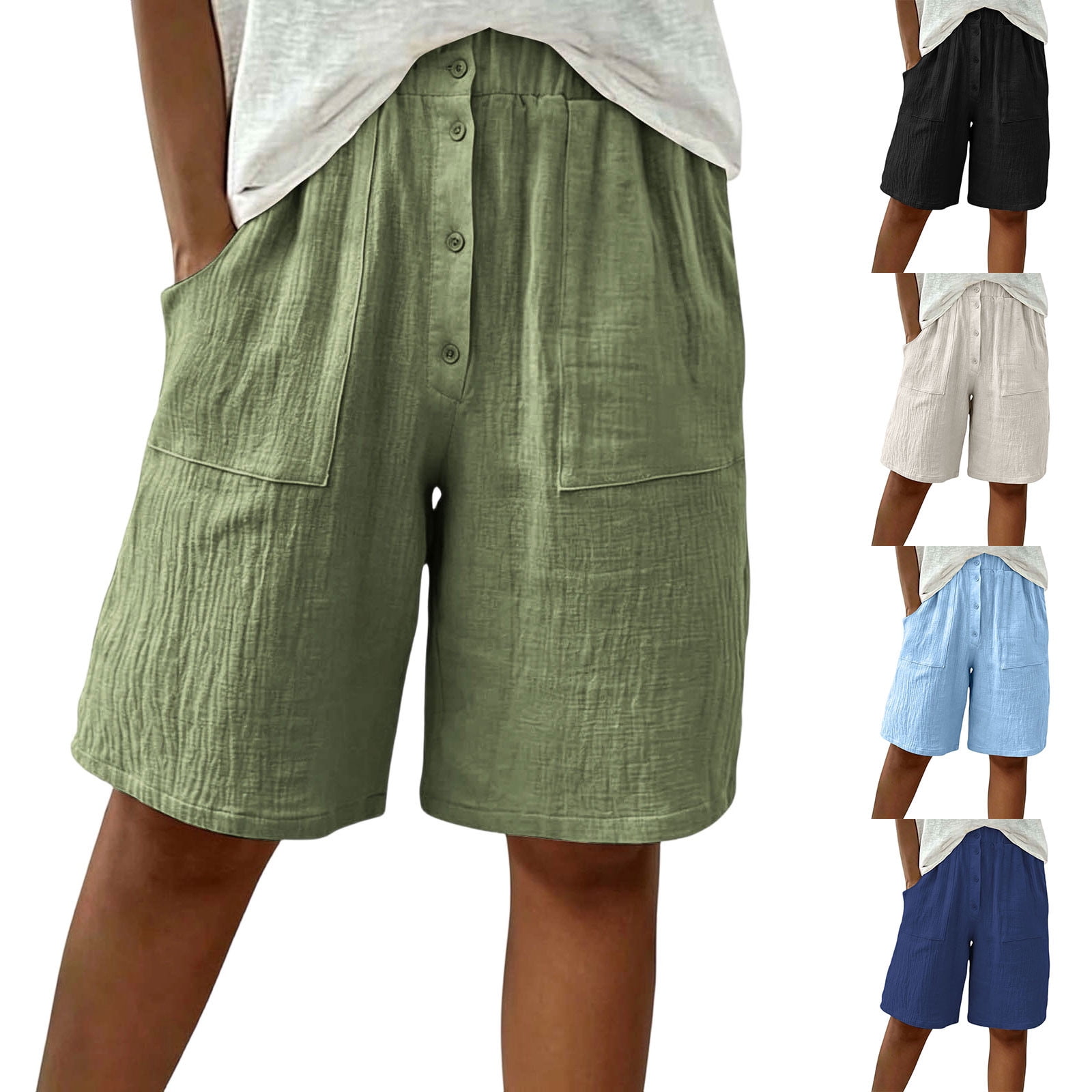 Cotton Bermuda Shorts for Women Ihhxva Relaxed Fit Elastic Waist Button ...