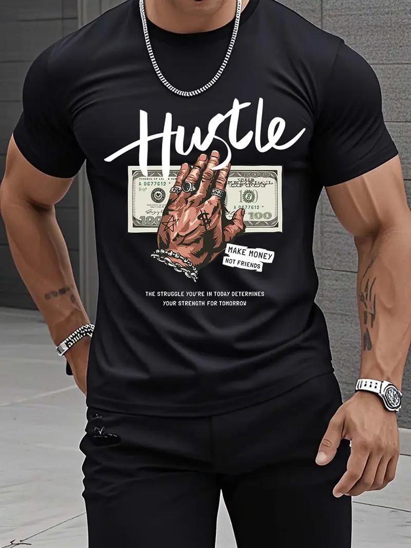 Cotton Black T-shirt Trendy Hustle Make Money Not Friends Graphic Print Design Letter Theme ...