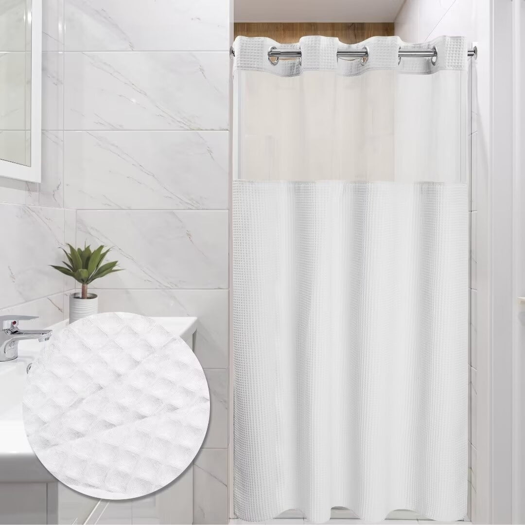 Cotton Blend Honeycomb Waffle Weave Shower Curtain With Snap In Liner