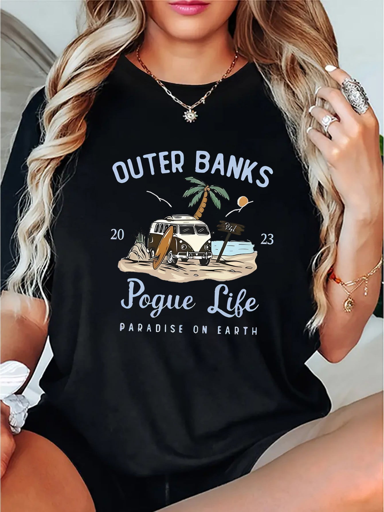 Cotton Blend Medium Stretch Women's Casual Crew Neck T-Shirt with Outer Banks Pogue Life Print ...