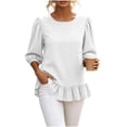 Cotton Blend Ruffle Elegant Tops for Women Trendy Elbow Sleeve Crewneck ...
