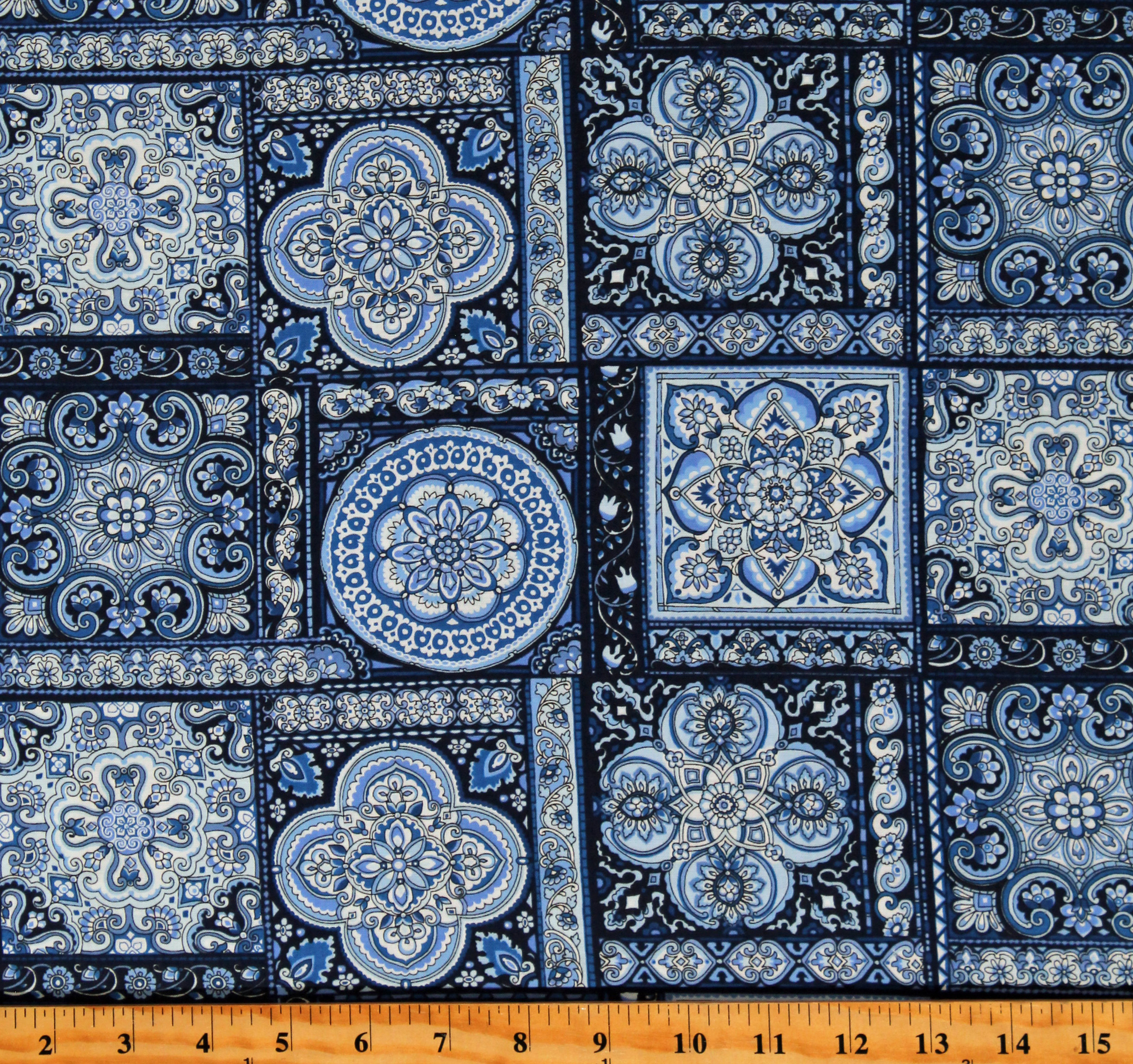 Cotton Bluesette Tiles Dark Blue Design Dutch Cotton Fabric Print by ...