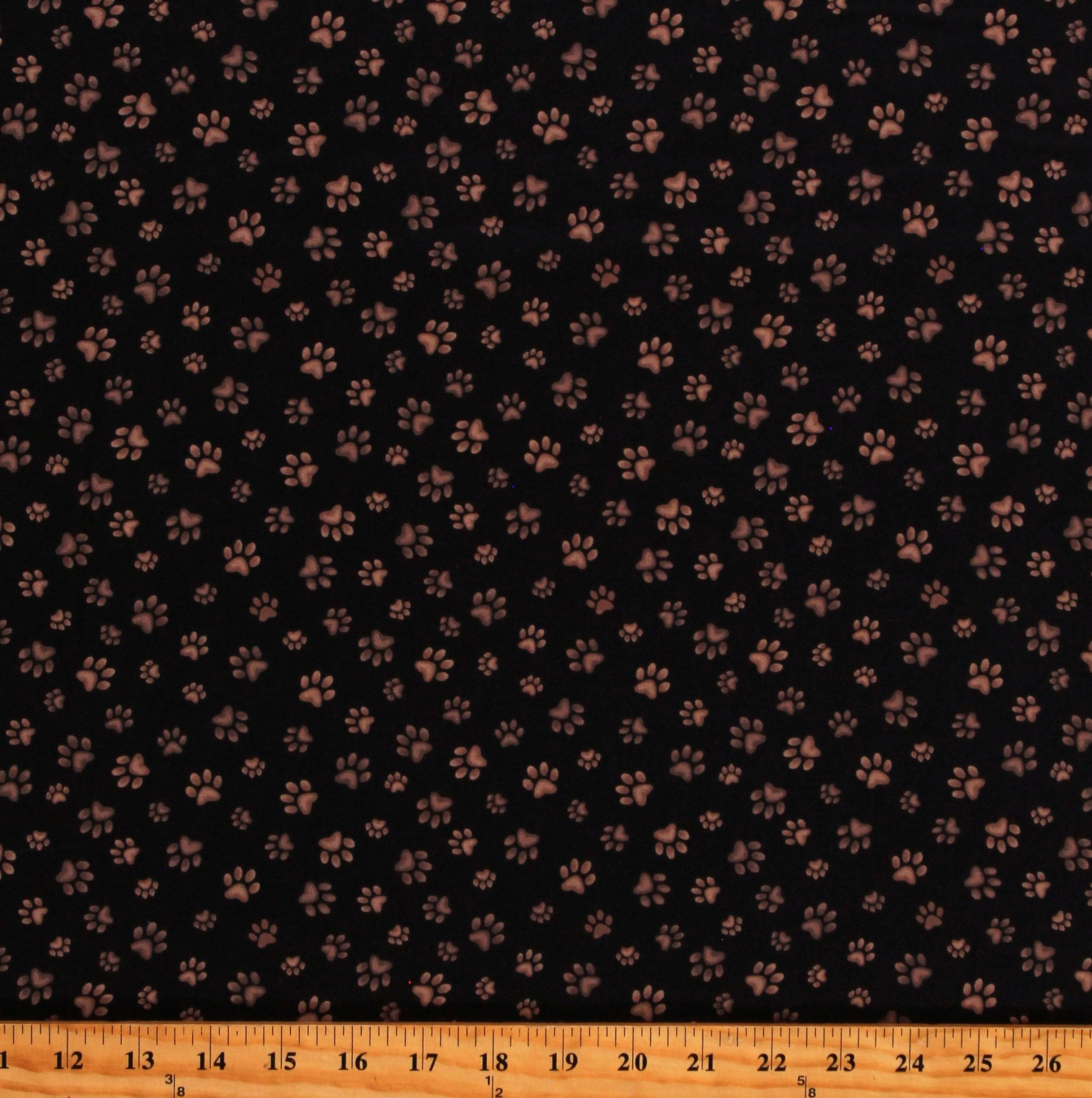 Cotton Brown Cats Paw Prints on Black Pets Animals Cotton Fabric Print ...
