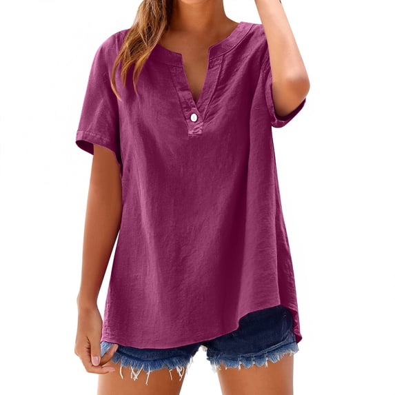 Cotton Button Down Shirts Tunic Shirts Solid Color V Neck Solid Tunic ...