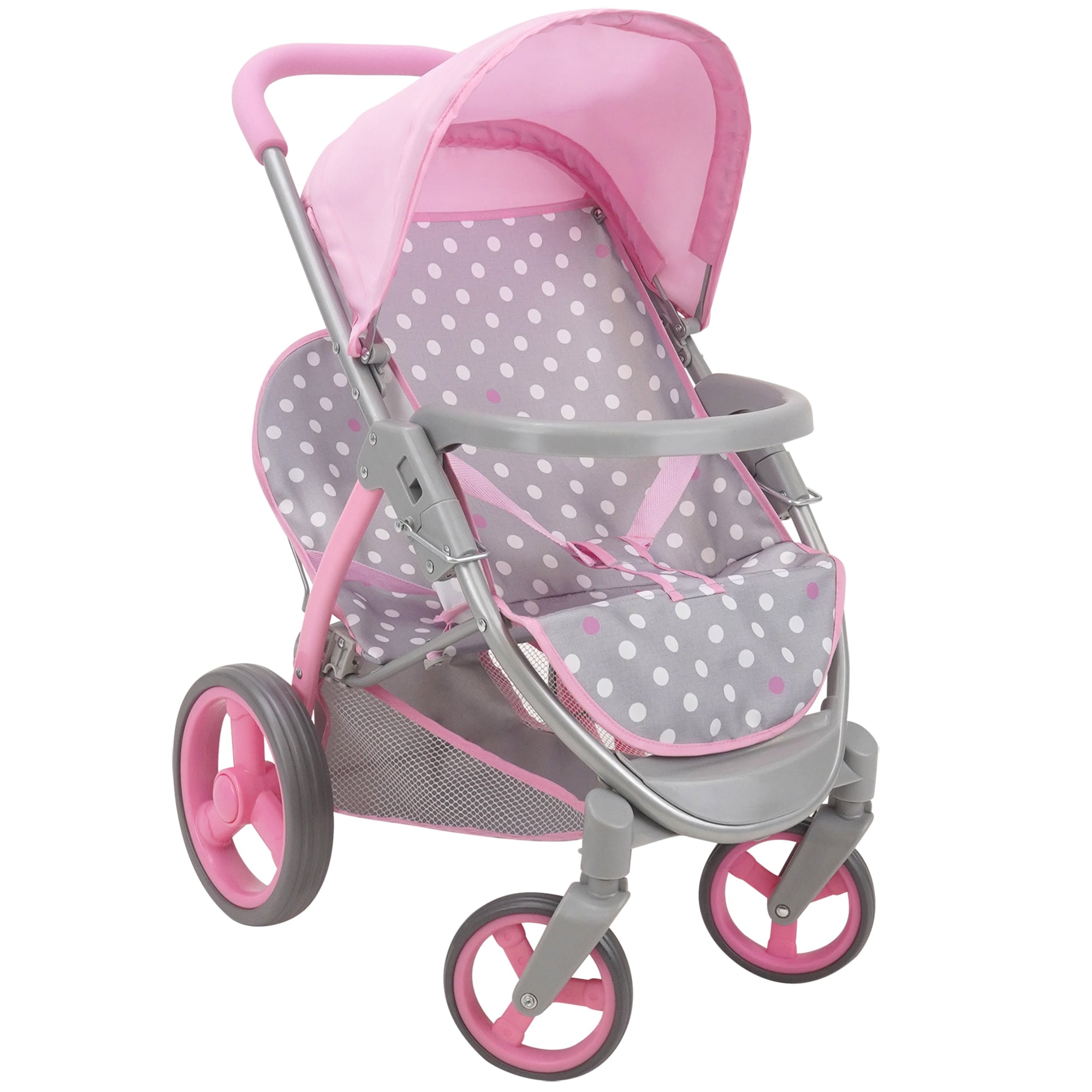 Cotton Candy Pink Twin Tandem Doll Stroller in Grey Polka Dots, Fits 2 ...