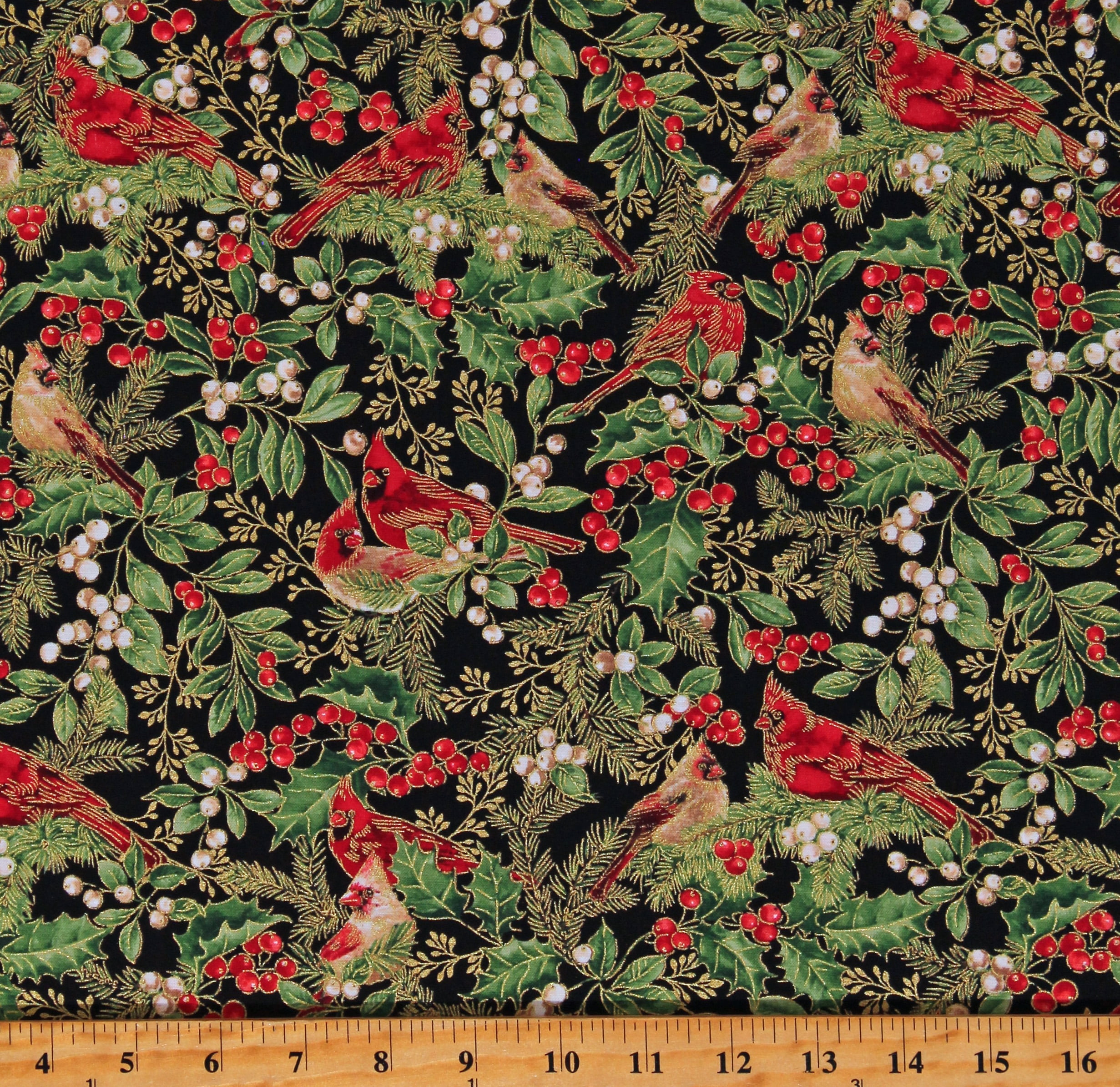 Cotton Cardinals on Branches Metallic Gold Accents Birds Winter ...