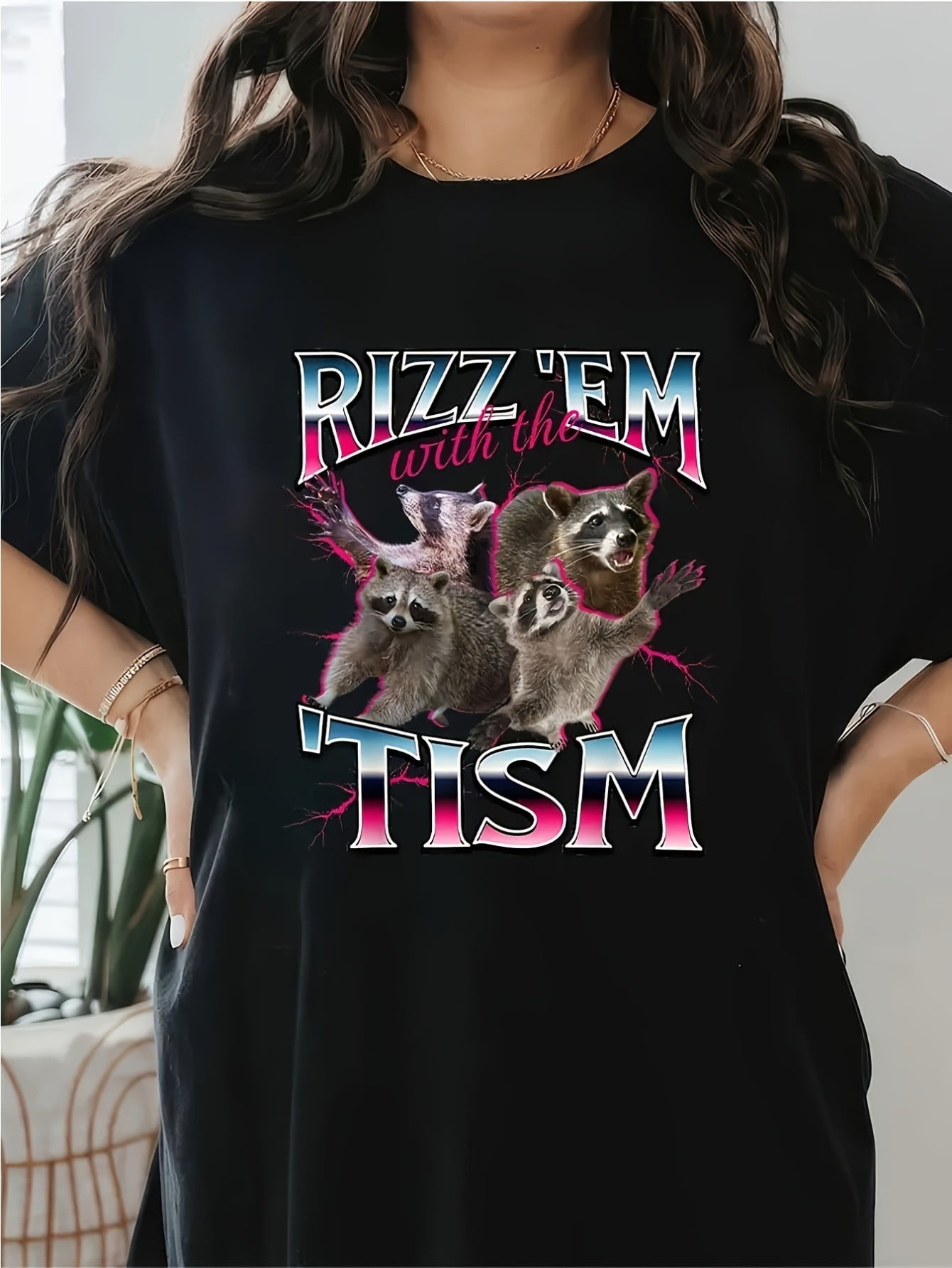 Cotton Casual Crew Neck Short-Sleeve Raccoon Graphic T-Shirt with 'RIZZ ...