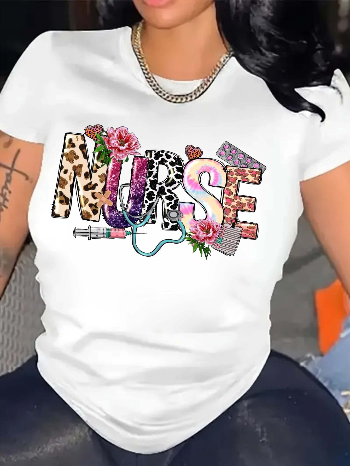 Cotton Casual Short Sleeve T-Shirt - Nurse Graphic Crew Neck Top with Heart & Medical Icons ...