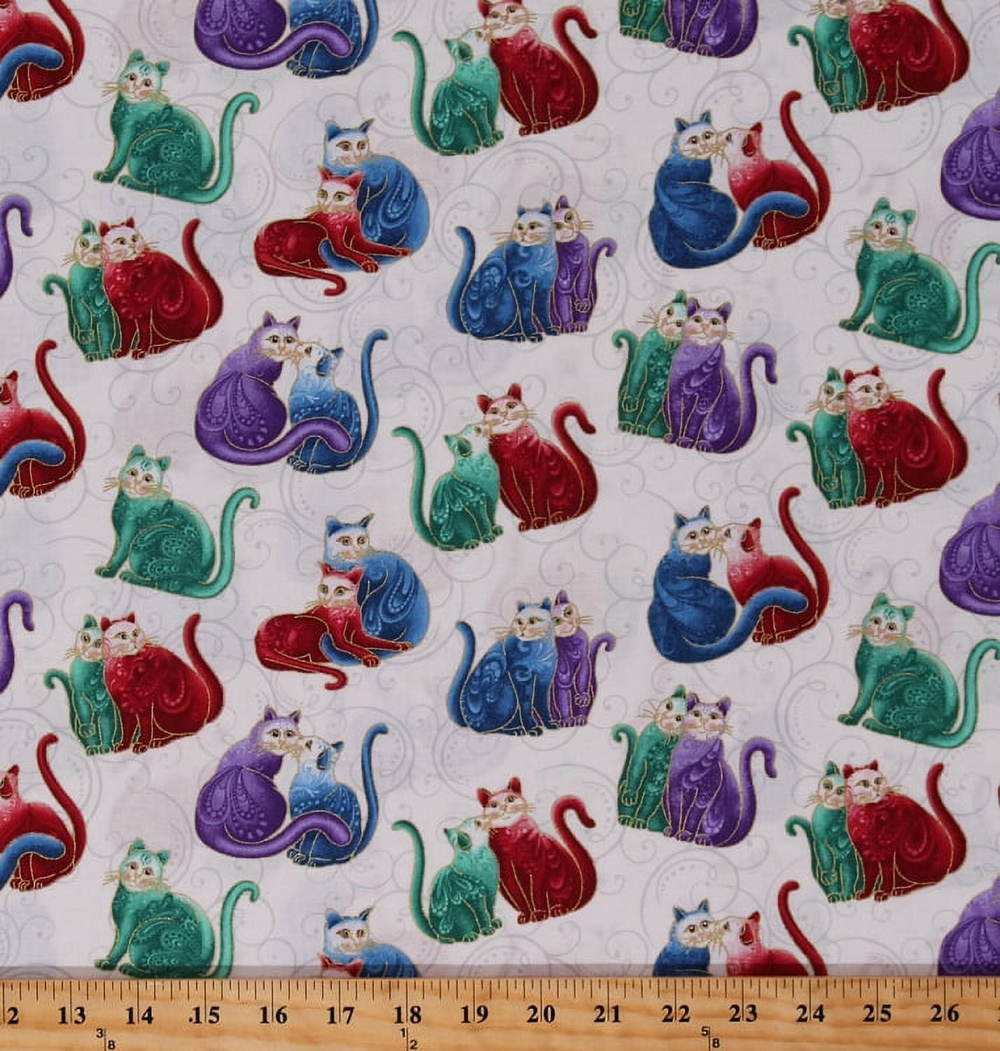 Cotton Cats Whimsical Felines Blue Purple Green Animals Gold Metallic ...