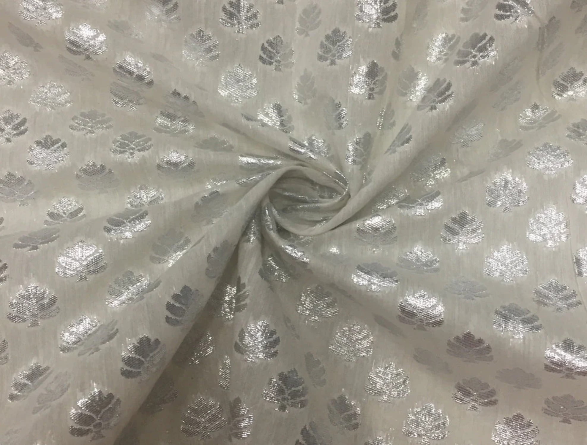 Cotton Chanderi silk fabric dyeable natural white with silver motifs 44 ...