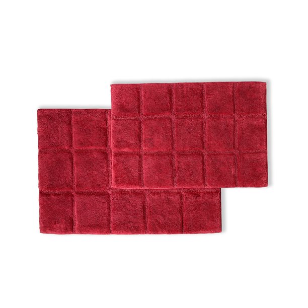 Cotton Checkered 2-Piece Burgundy Highly Absorbent Non-Slip Bath Rug ...