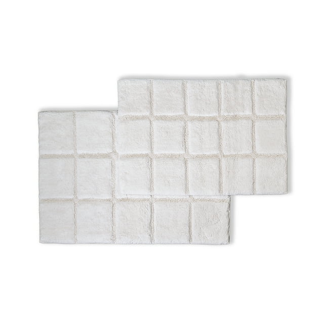 Cotton Checkered 2-Piece White Highly Absorbent Non-Slip Bath Rug Set ...