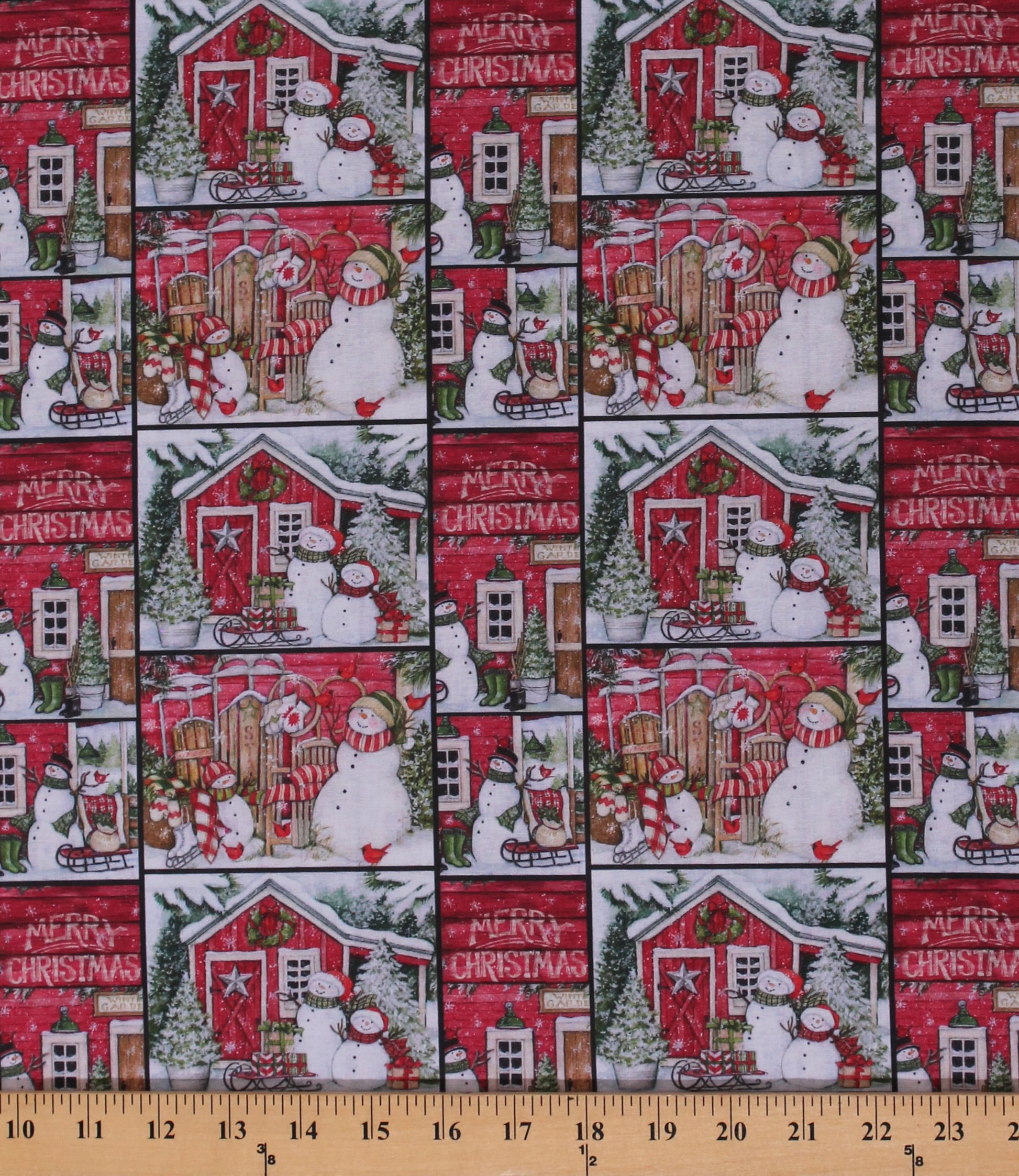 Cotton Christmas Snowman Winter Scene Sleds Rustic Santas Lodge Cotton ...