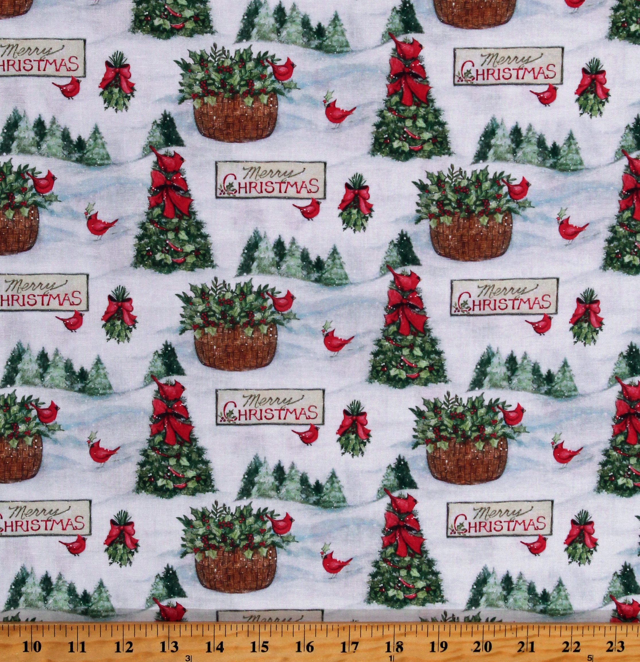 Cotton Christmas Trees Cardinals Holly Greenery Snow Winter Holidays ...