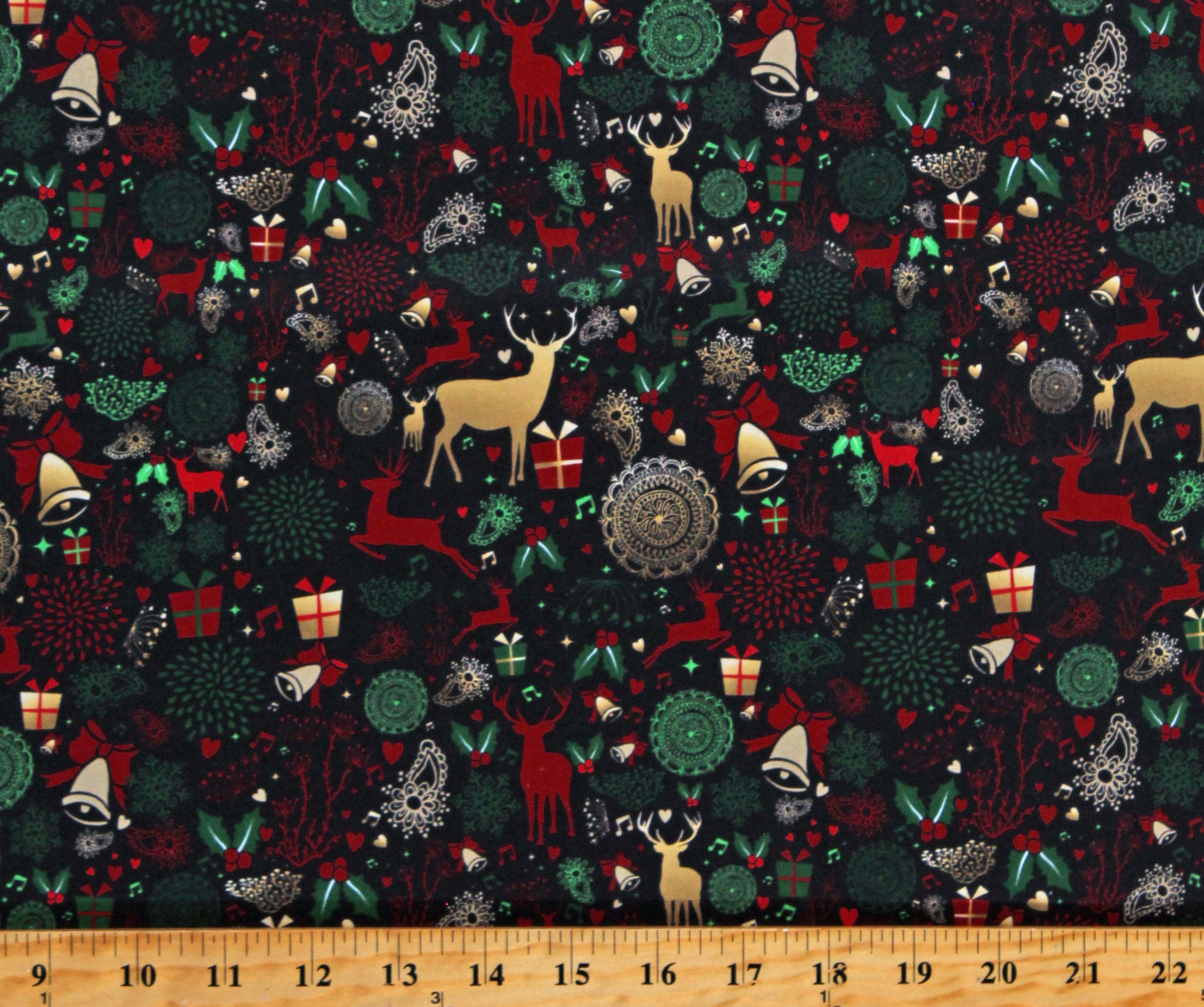 Cotton Christmas Woodland Deer Presents Gifts Winter Holidays Red/Green ...