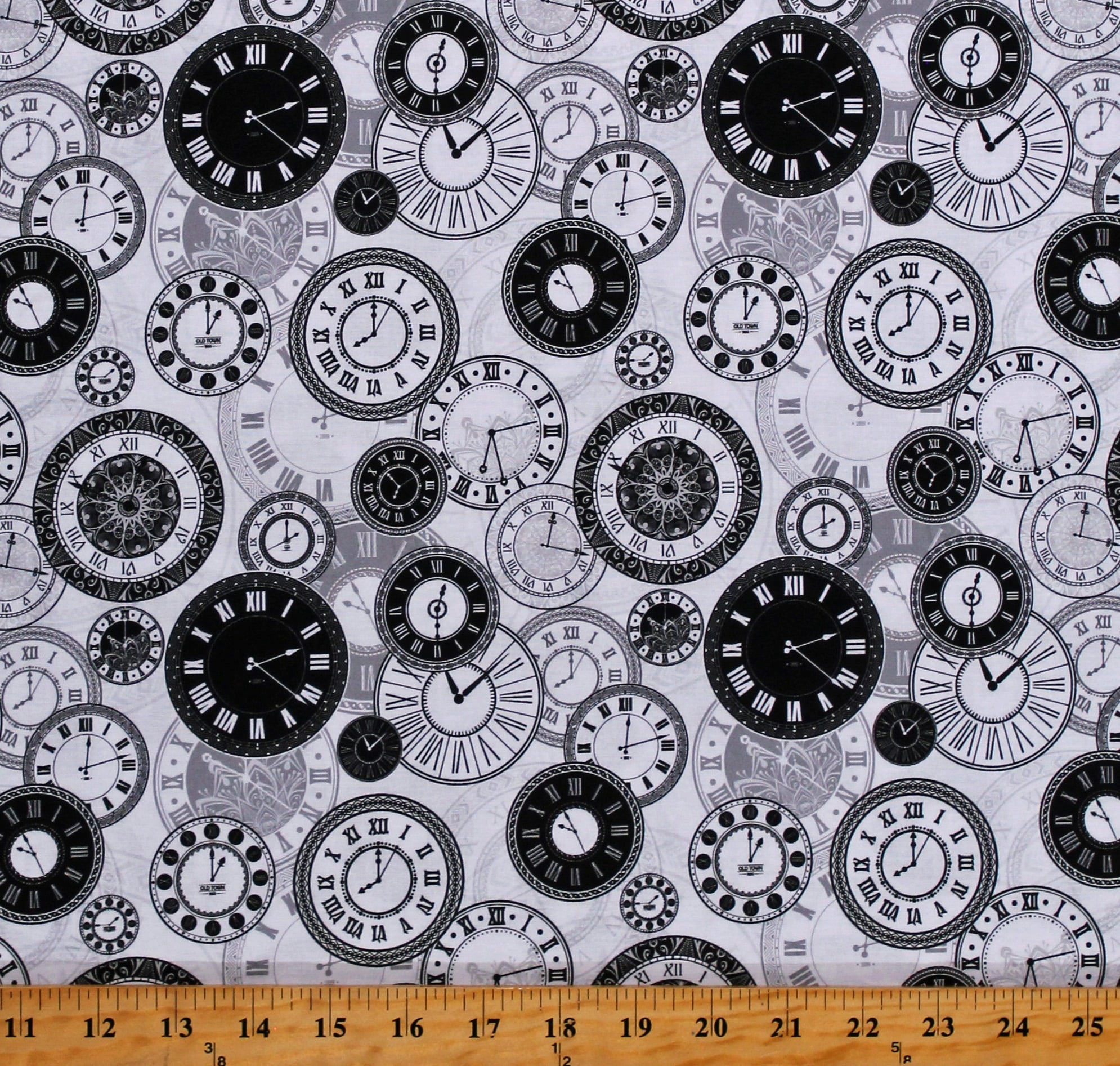 Cotton Clocks Time Vintage-Look Black Clocks on White Cotton Fabric ...