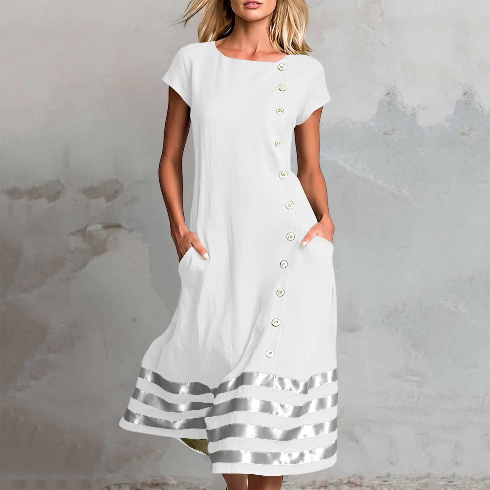 Cotton Color Block Dresses for Women Short Sleeve Crew Neck Button Down ...