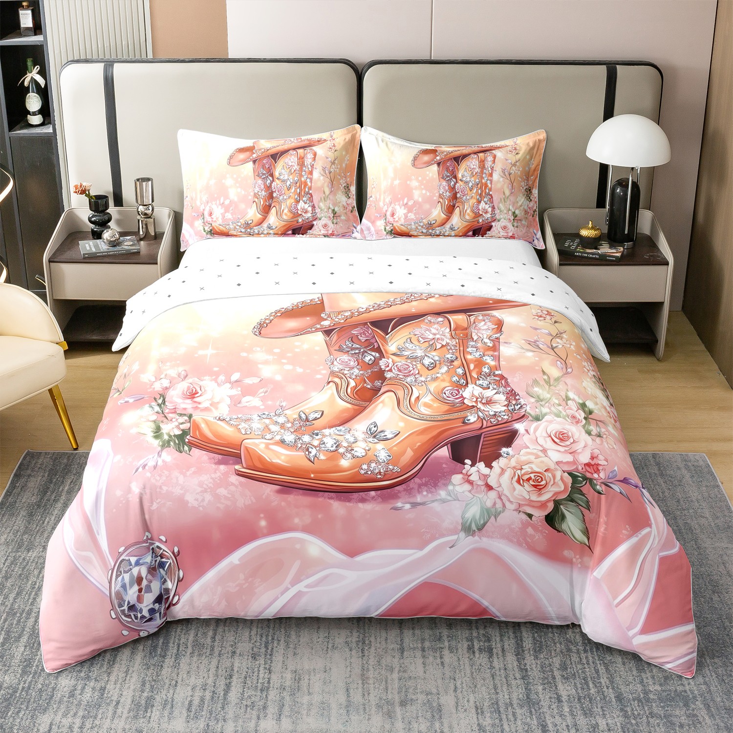 Cotton Cowgirl Boots Queen Duvet Cover Dreamy Flowers Diamonds Decor ...