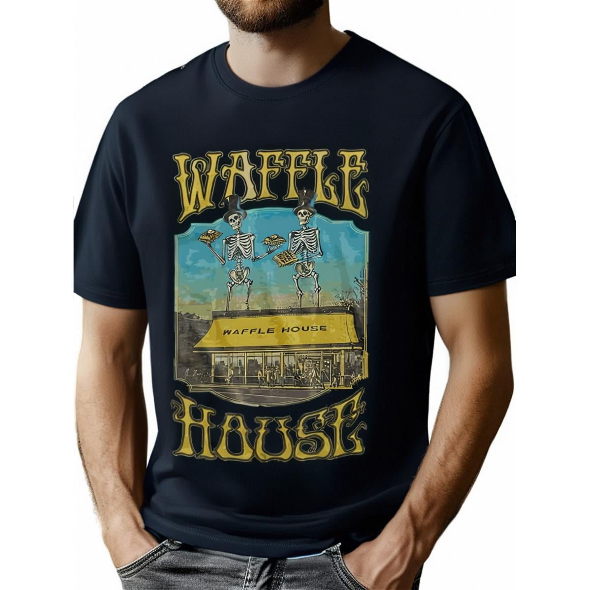 Cotton Crew Neck T-Shirt with Waffle House Pattern Printing, Casual ...