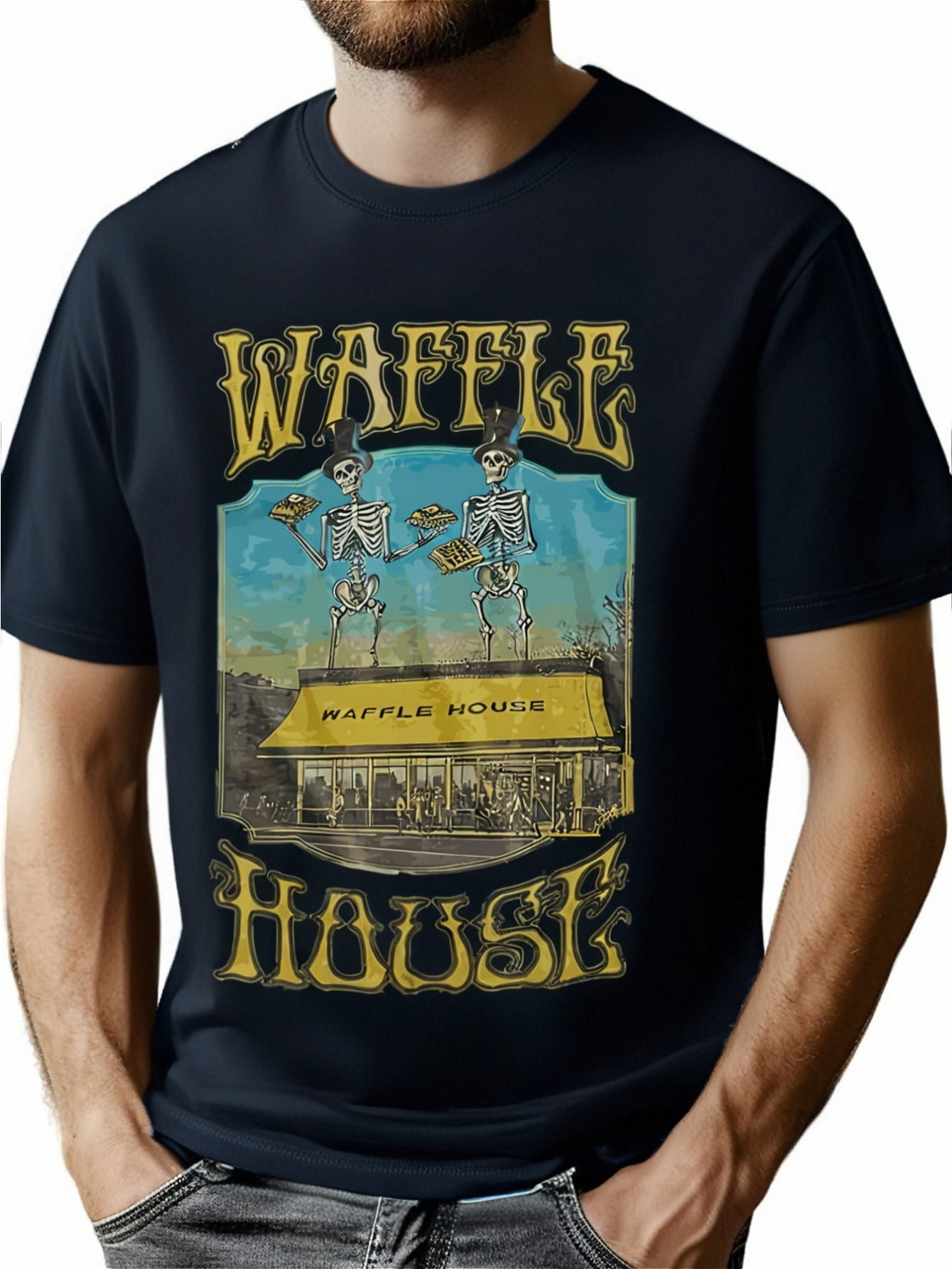 Cotton Crew Neck T-Shirt with Waffle House Pattern Printing, Casual ...