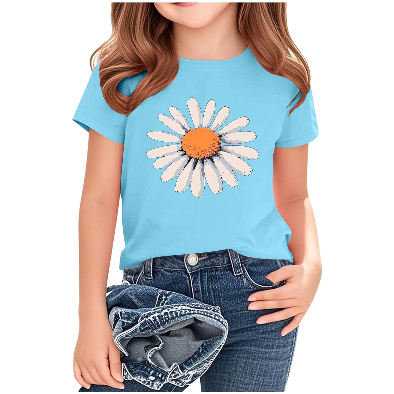 Cotton Cute T-shirts for Girls Casual Summer Tee Daisy Flower Print ...
