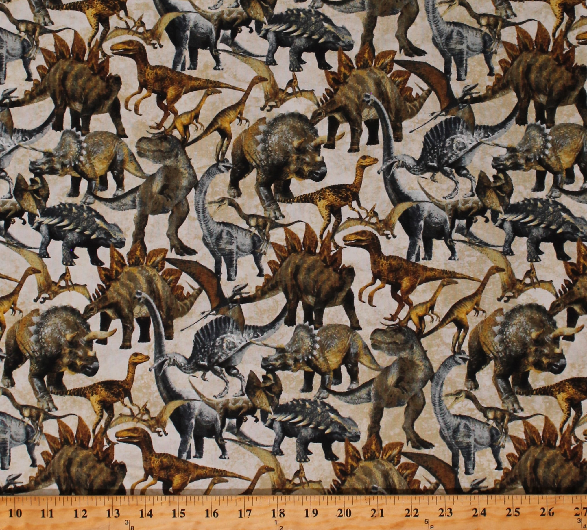 Cotton Dinosaurs Dinos Stonehenge Prehistoric World Kids Tan Cotton ...