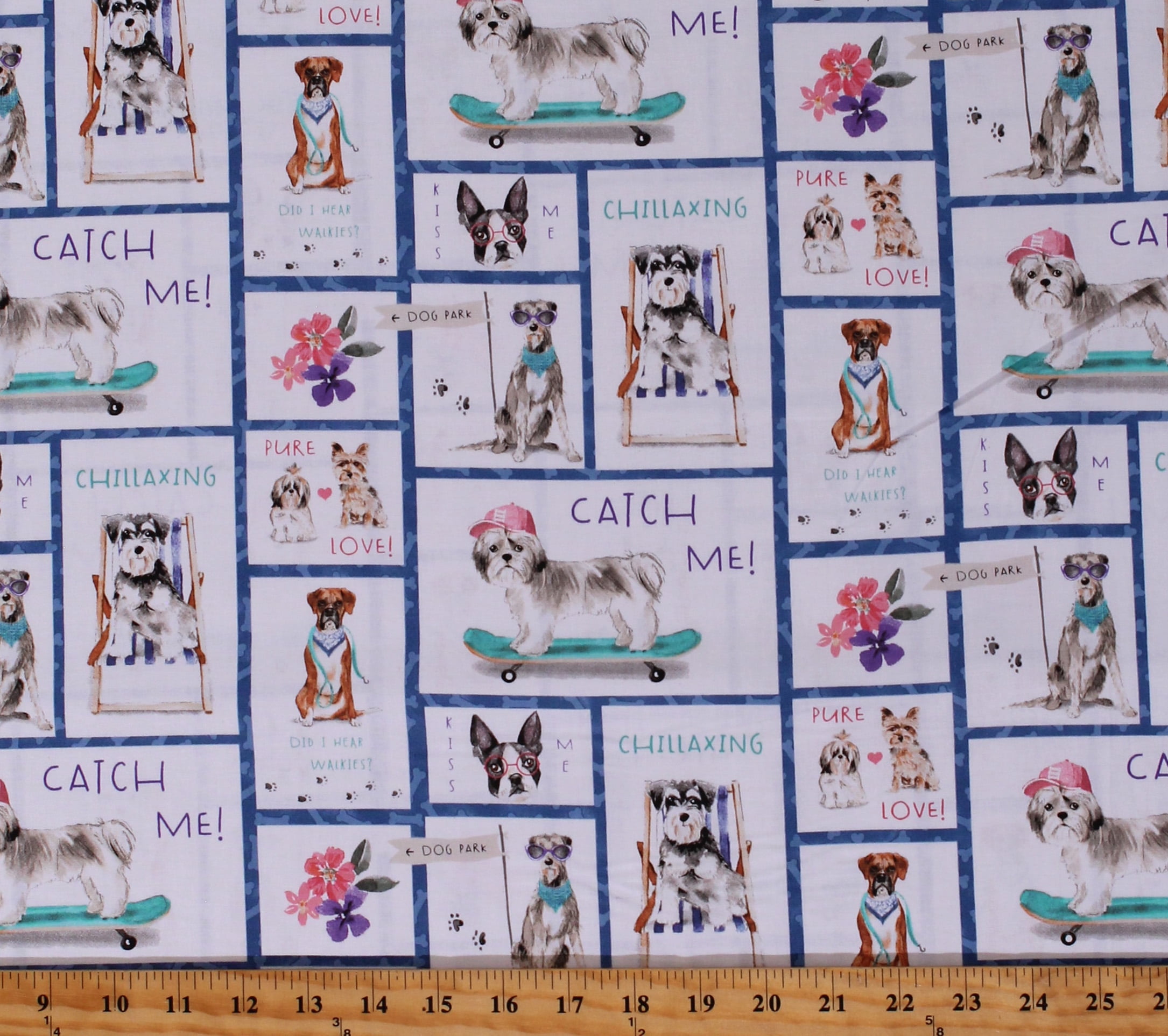 Cotton Dogs Flowers Floral Dog Bones Paw Prints Boxes Squares Dog's ...