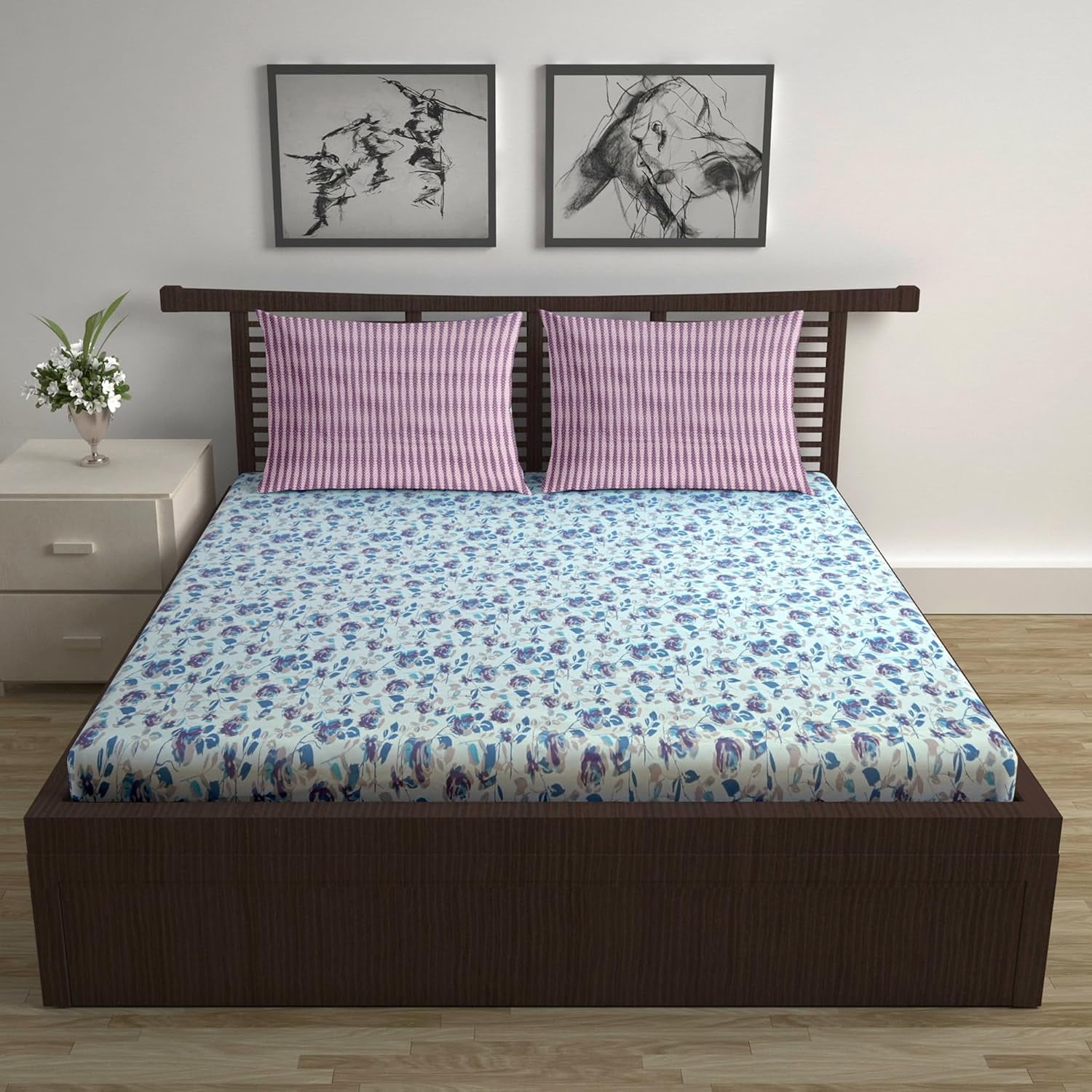 Cotton Double Bedsheet With 2 Pillow Covers - 87 X 100 Inches, Lavender ...