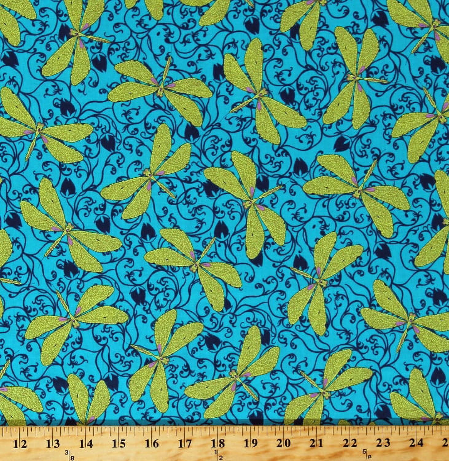 Cotton Dragonflies Dragonfly Bugs Green Insects on Blue Floral Scroll ...