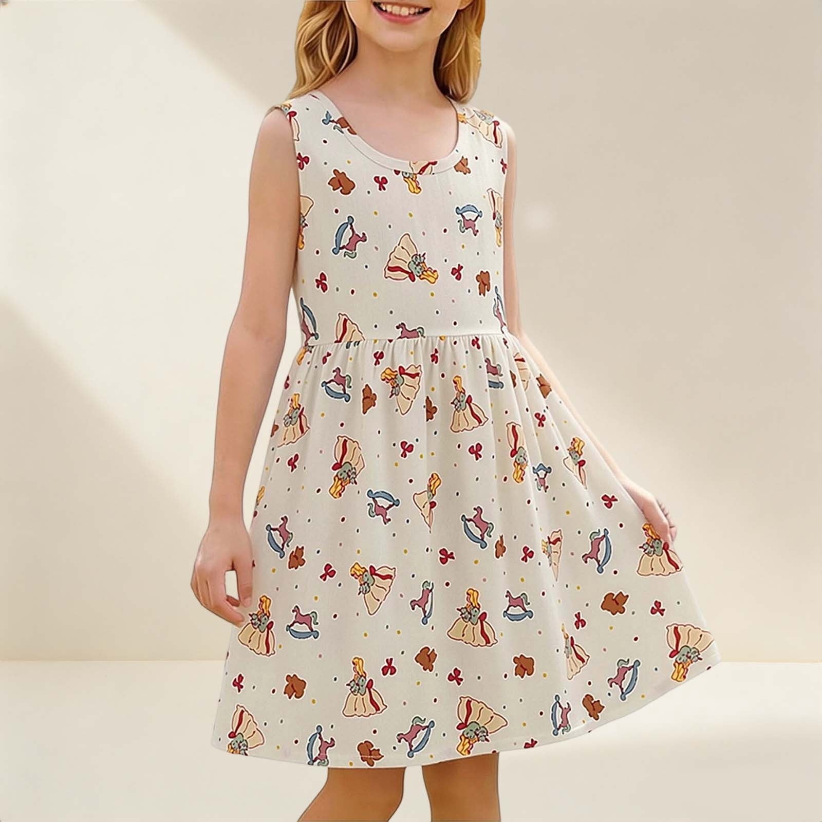 Cotton Dress For Girls Floral Princess Beach Vacation Sleeveless A Line ...