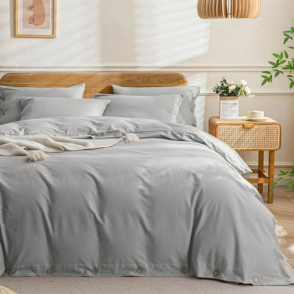 Cotton Duvet Cover Queen Size - Light Gray Comforter Cover with Button ...