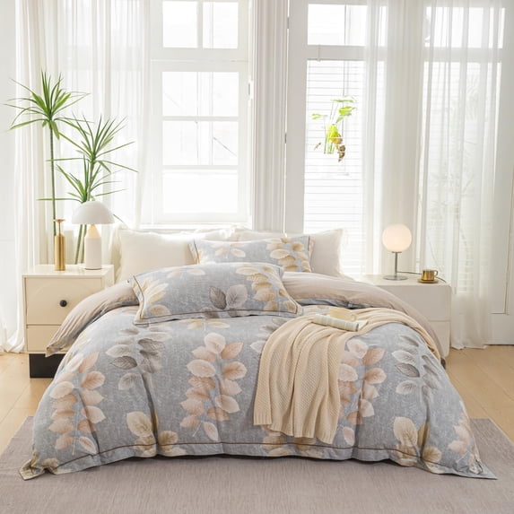 Cotton Duvet Cover Set Leaf Pattern Soft Bedding 3 Pieces Including 2 ...